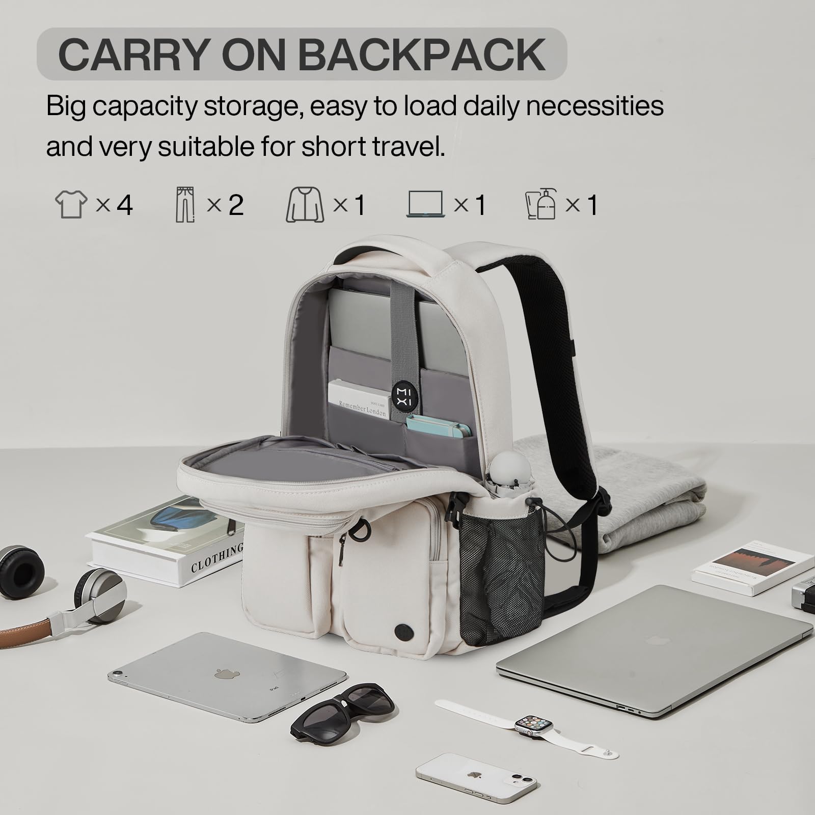 Mixi Travel Laptop Backpack, Lightweight Durable School Bookbag Men Woman 15.6" Computer Bag, Water Resistant Outdoor Hiking Backpacks with Multifunction Pockets, 17 Inch, Beige