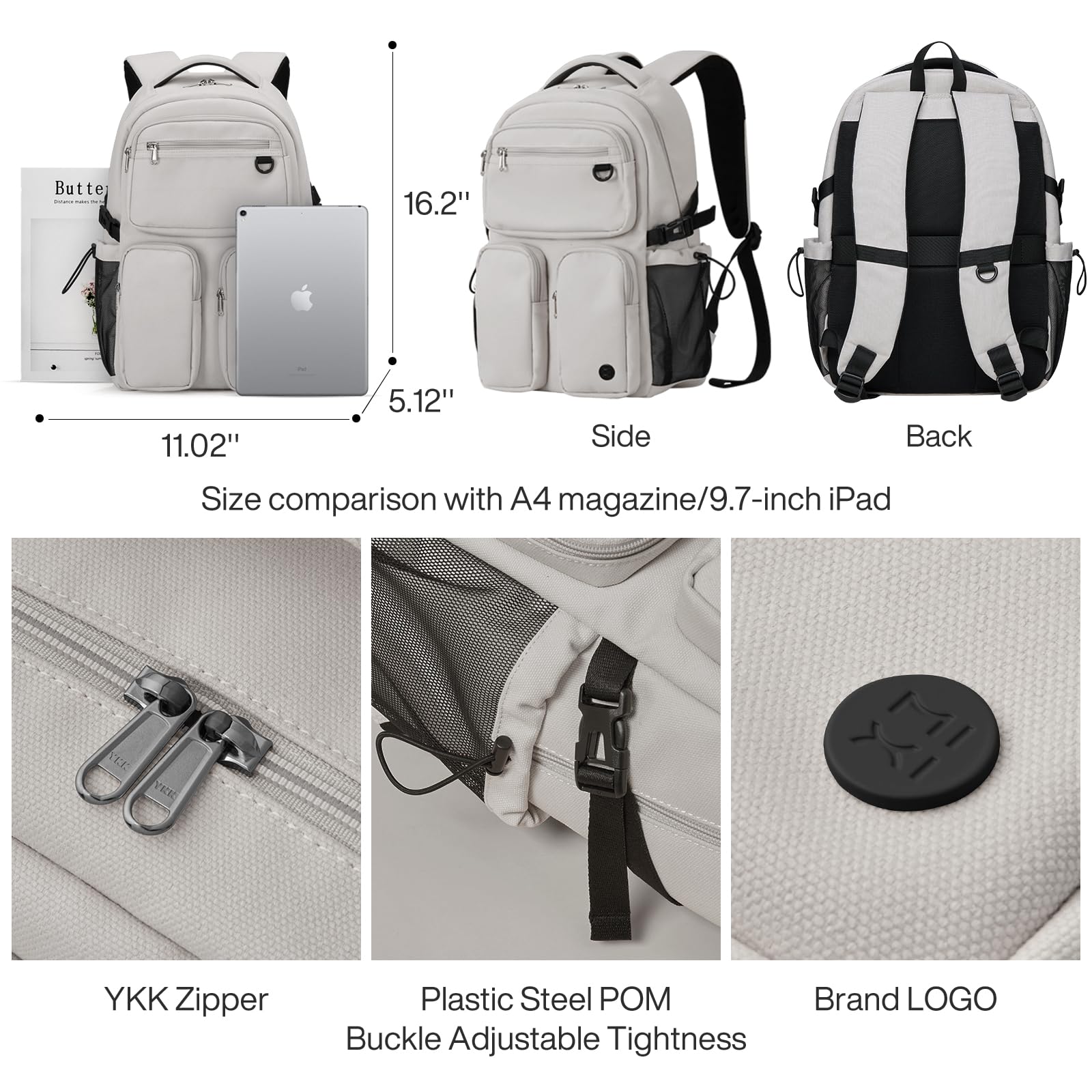 Mixi Travel Laptop Backpack, Lightweight Durable School Bookbag Men Woman 15.6" Computer Bag, Water Resistant Outdoor Hiking Backpacks with Multifunction Pockets, 17 Inch, Beige