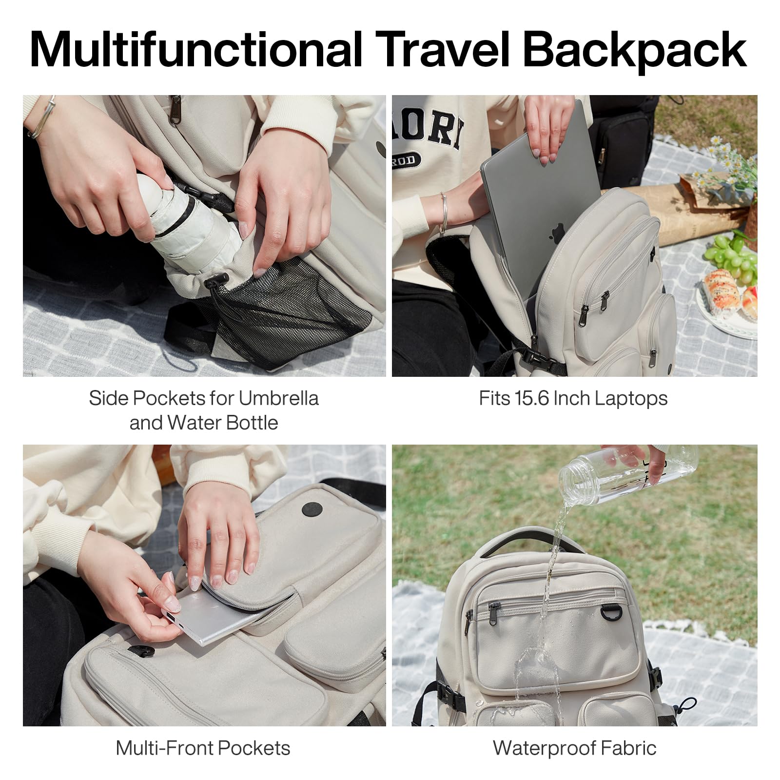 Mixi Travel Laptop Backpack, Lightweight Durable School Bookbag Men Woman 15.6" Computer Bag, Water Resistant Outdoor Hiking Backpacks with Multifunction Pockets, 17 Inch, Beige