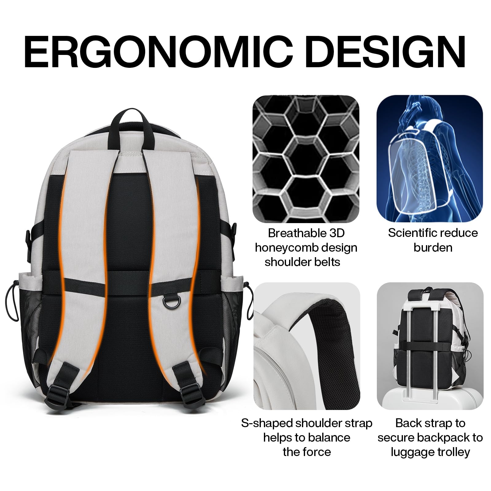 Mixi Travel Laptop Backpack, Lightweight Durable School Bookbag Men Woman 15.6" Computer Bag, Water Resistant Outdoor Hiking Backpacks with Multifunction Pockets, 17 Inch, Beige