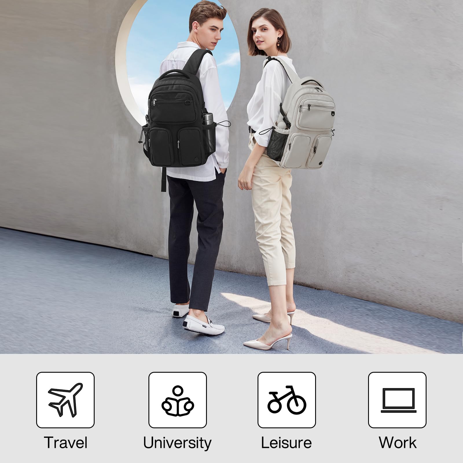 Mixi Travel Laptop Backpack, Lightweight Durable School Bookbag Men Woman 15.6" Computer Bag, Water Resistant Outdoor Hiking Backpacks with Multifunction Pockets, 17 Inch, Beige