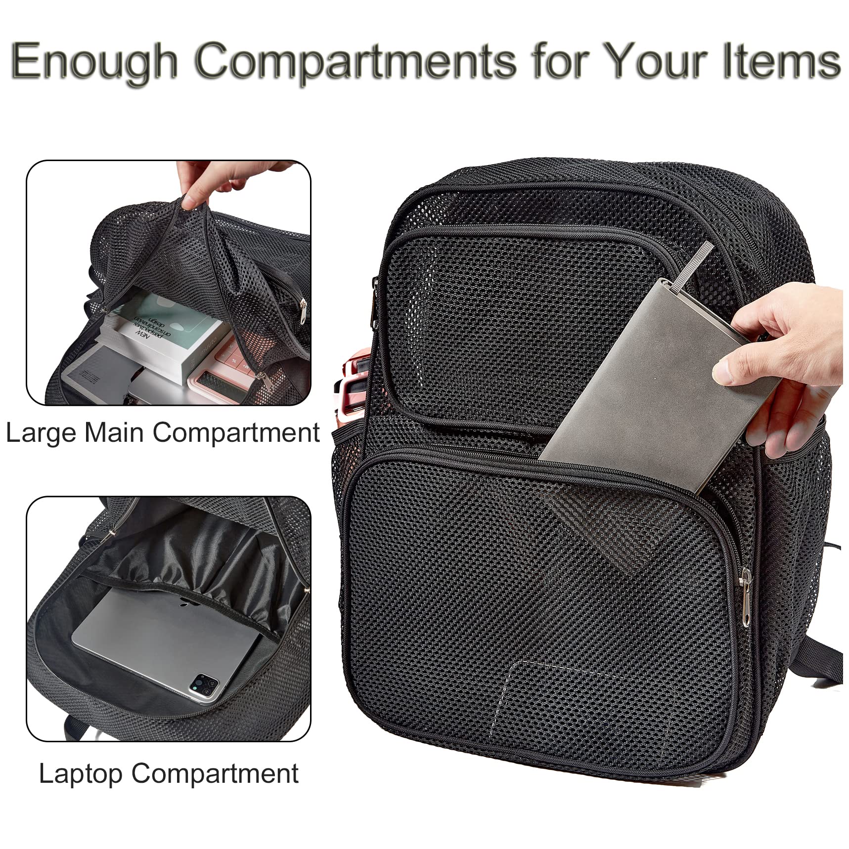 Large Mesh Backpack, Semi-transparent Student Backpack, See Through Mesh School Backpack with Bungee and Comfort Padded Straps for Travel, Swimming, Beach, Outdoor Sports