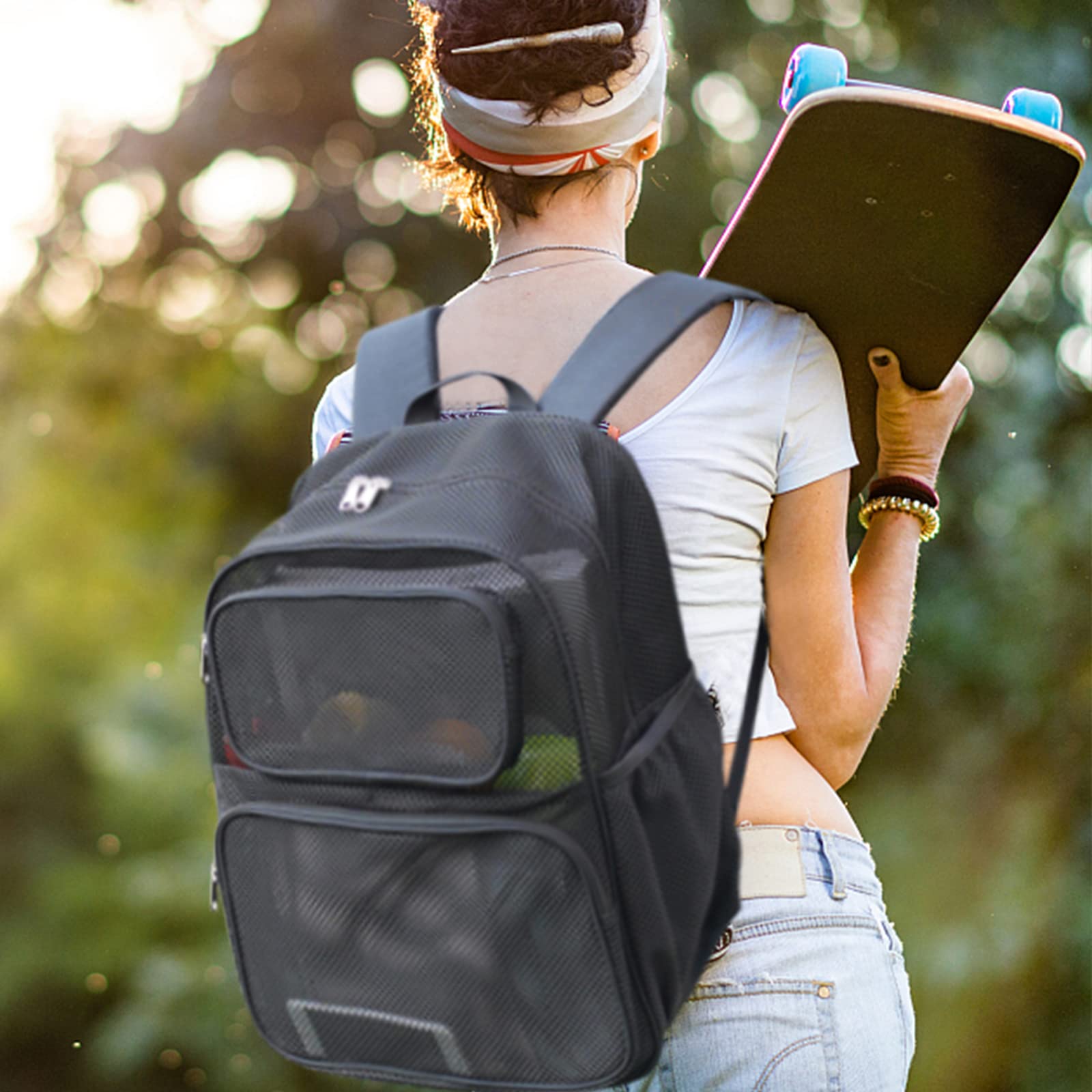Large Mesh Backpack, Semi-transparent Student Backpack, See Through Mesh School Backpack with Bungee and Comfort Padded Straps for Travel, Swimming, Beach, Outdoor Sports