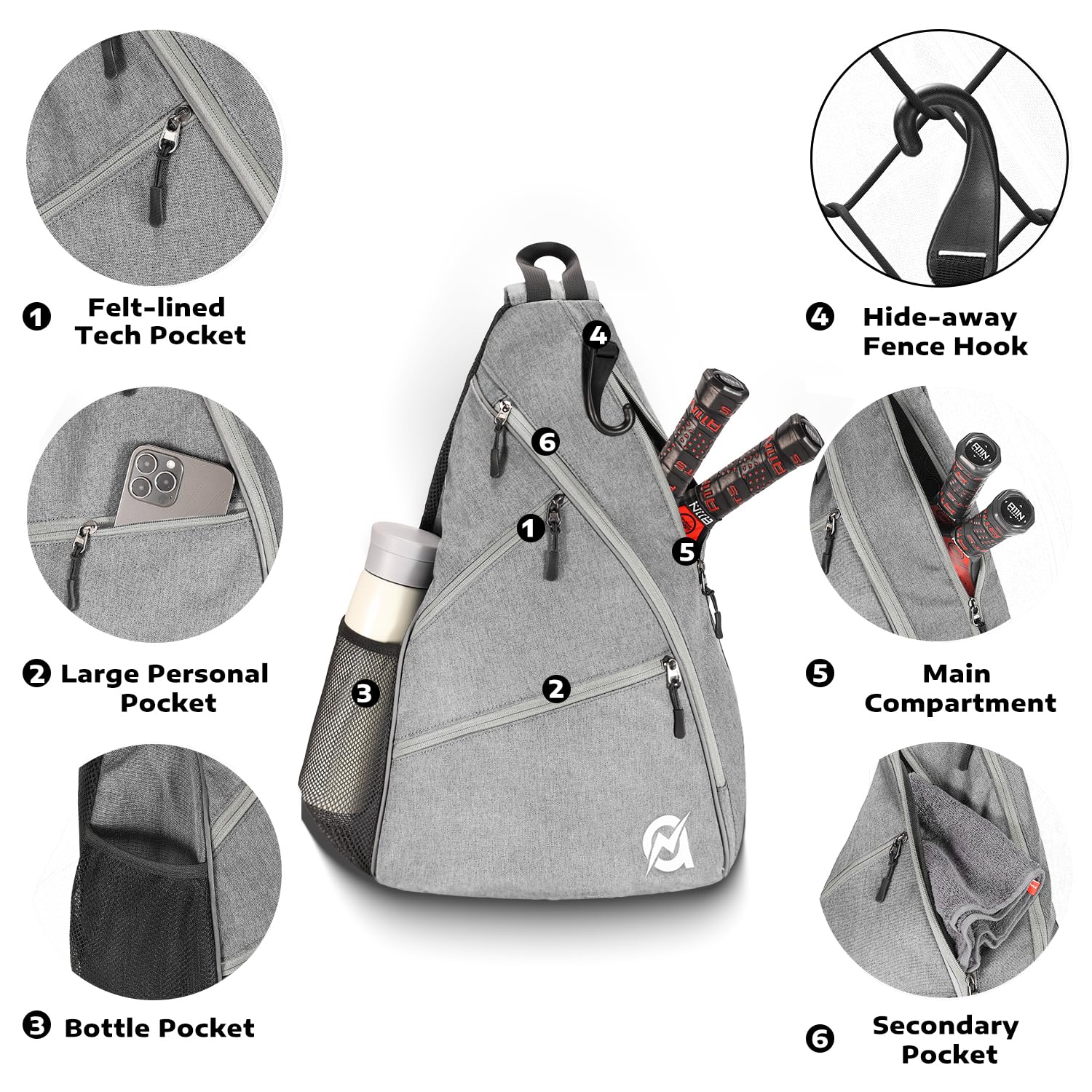 A11N Pickleball Bag, Reversible Crossbody Sling Bag / Backpack for Women Men, Charcoal