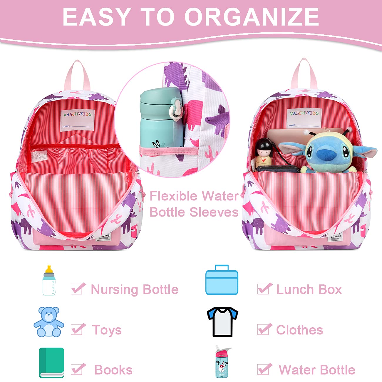 VASCHY Kids Backpack for Girls, Cute Dinosaur Lightweight Backpack for Toddlers Daycare Preschool Little Girls Pink
