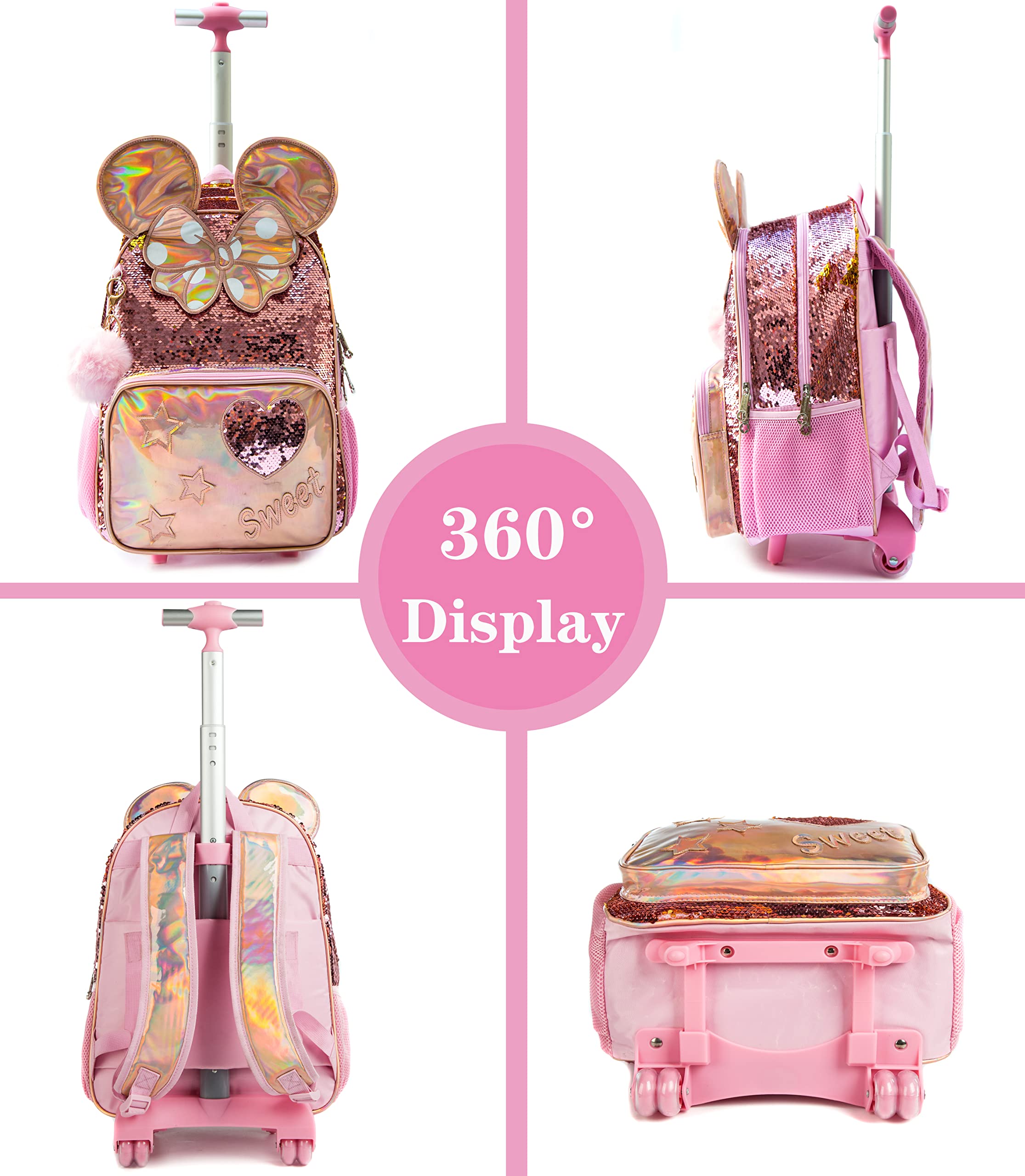 Rolling Backpack for Girls School Backpack with Lunch Box for Elementary Student Wheels Roller Trolley Luggage