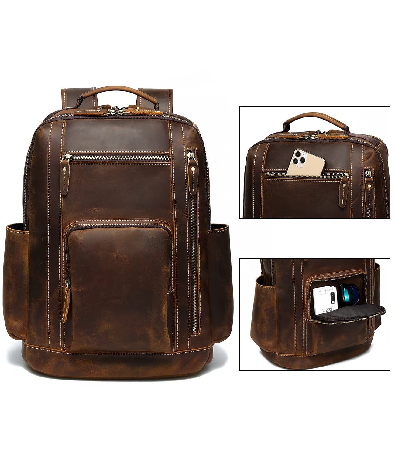 LANNSYNE Men's Vintage Full Grain Leather Backpack for 16" Laptop Travel Hiking Camping Rucksack
