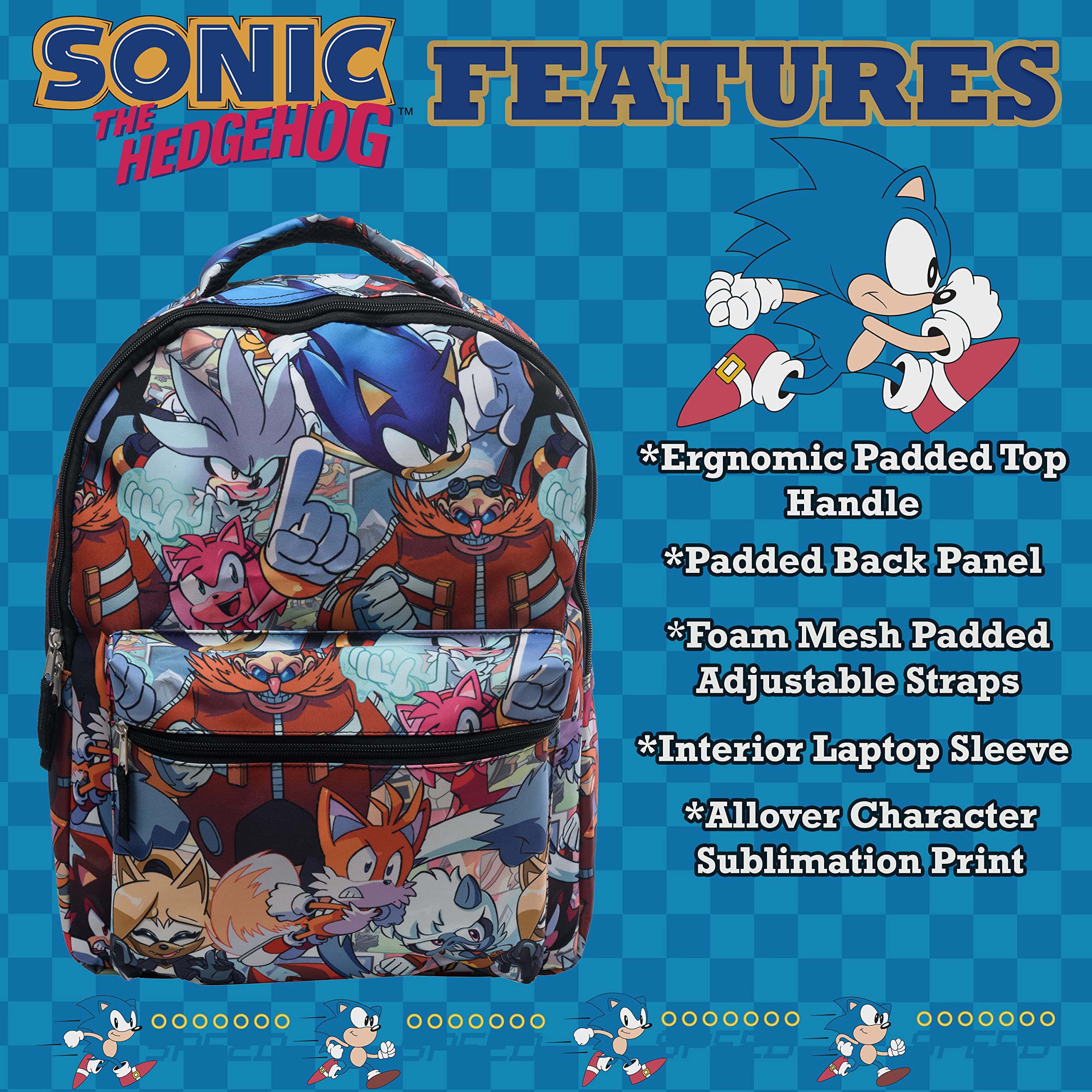 AI ACCESSORY INNOVATIONS Sonic The Hedgehog for Boys & Girls, Anime School Bag with Front & Side Pockets, Durable Nylon Gaming Bookbag with Padded Top Handle, Adjustable Straps