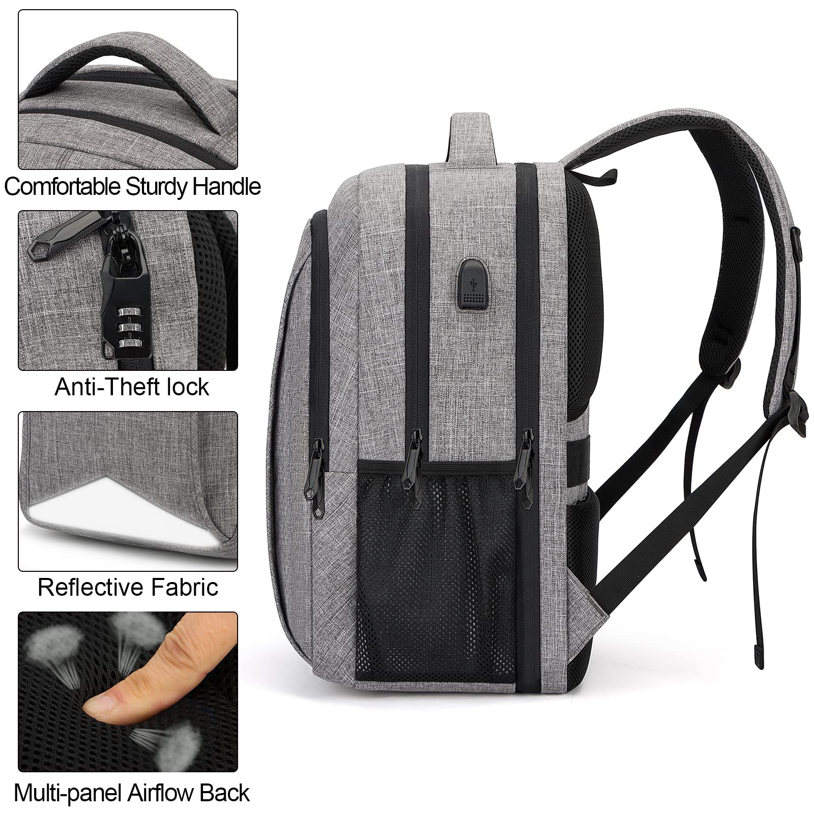 Lumesner Laptop Backpack for Men,Water Resistant Travel Laptop Backpack with USB Charging Port,Anti Theft College School Backpack Laptop Bag for Women Fits 15.6 Inch Computer and Notebook-Grey