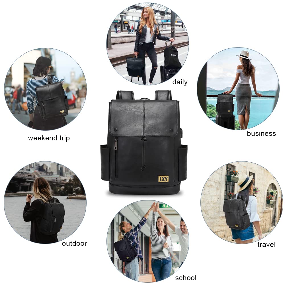 LXY Leather Backpack Vintage College School Backpack, Brown Faux Leather Backpack Purse, 15.6 Inches Laptop Bookbag with USB Charging Port