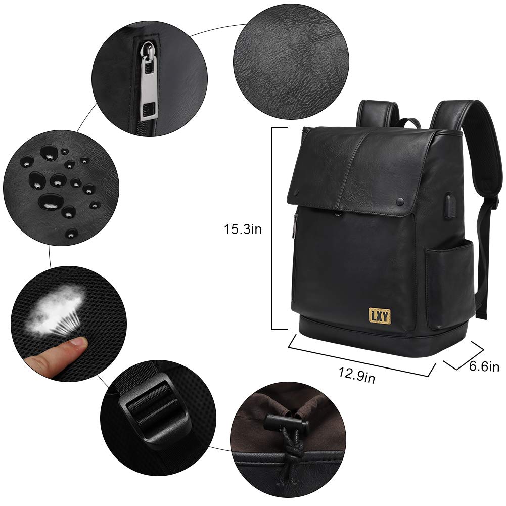 LXY Leather Backpack Vintage College School Backpack, Brown Faux Leather Backpack Purse, 15.6 Inches Laptop Bookbag with USB Charging Port