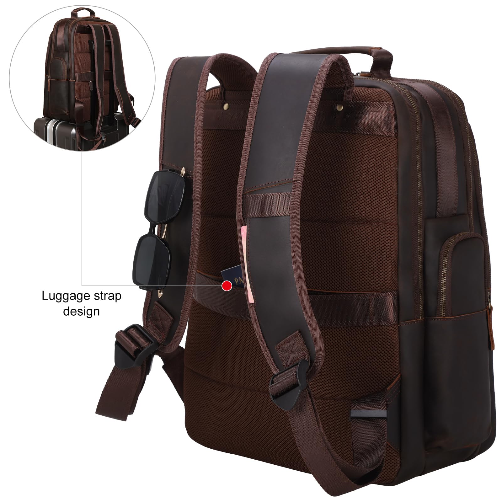 TIDING Vintage Full Grain Leather 17.3 Inch Laptop Backpack Large Camping Travel Weekender Daypack For Men 31.9L