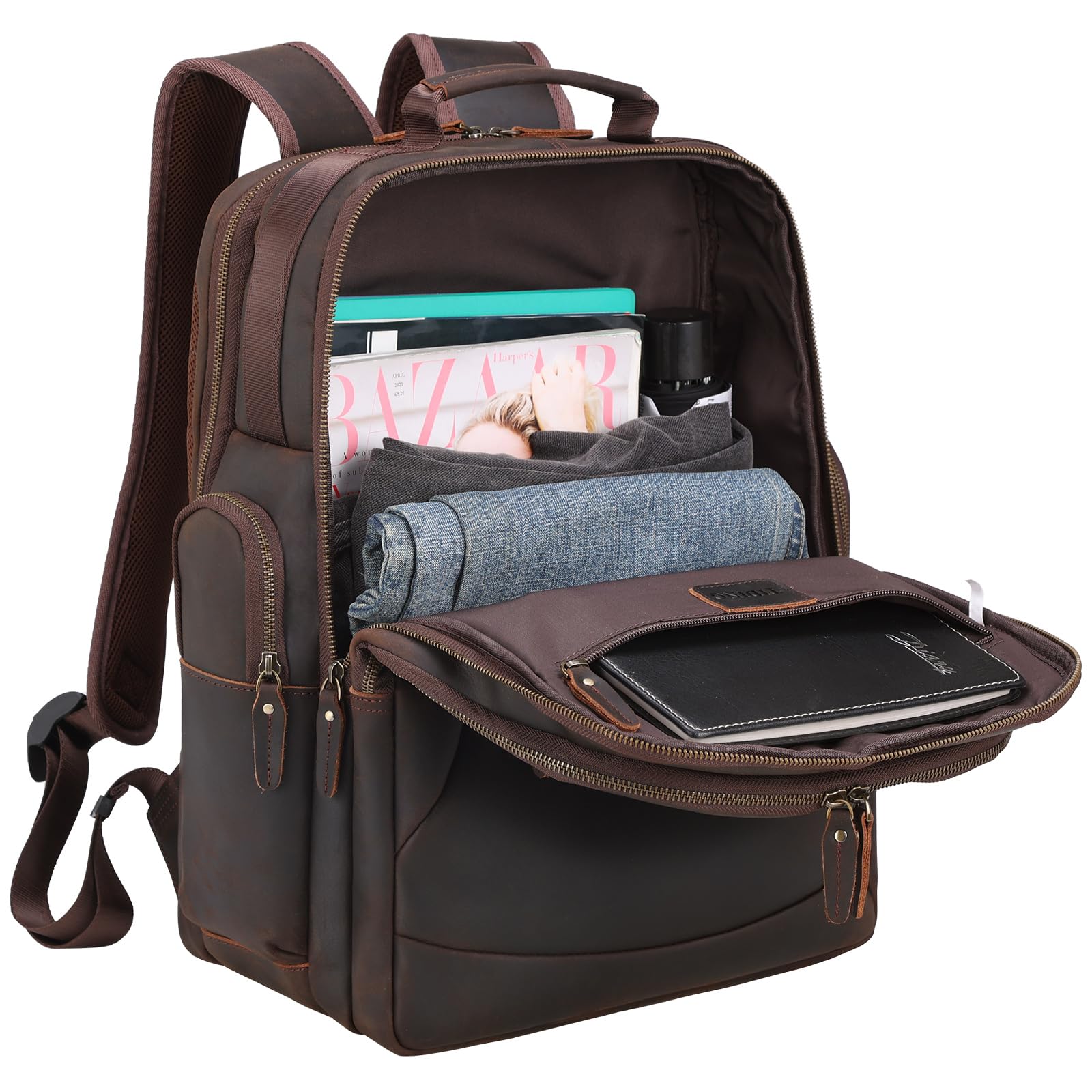 TIDING Vintage Full Grain Leather 17.3 Inch Laptop Backpack Large Camping Travel Weekender Daypack For Men 31.9L