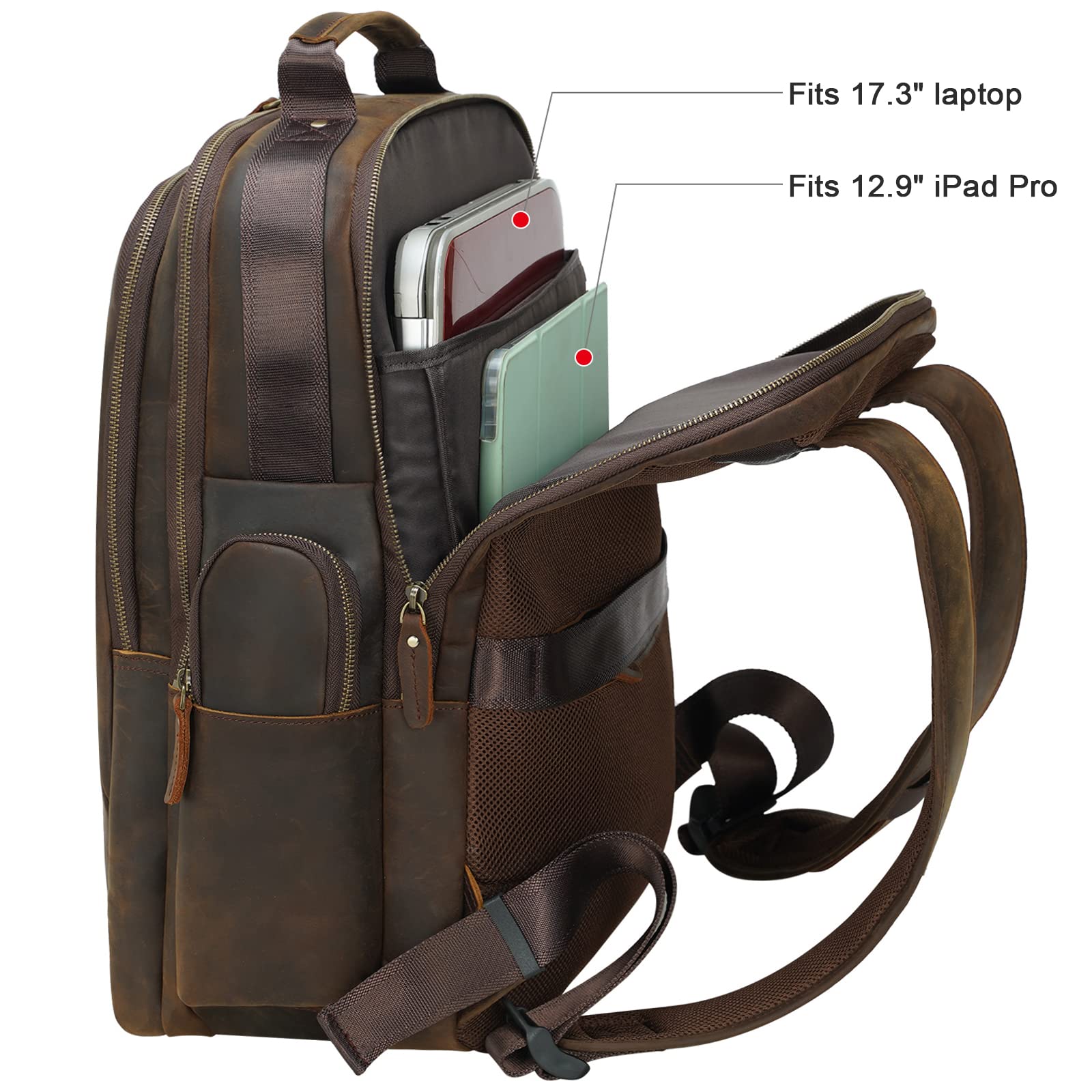 TIDING Vintage Full Grain Leather 17.3 Inch Laptop Backpack Large Camping Travel Weekender Daypack For Men 31.9L
