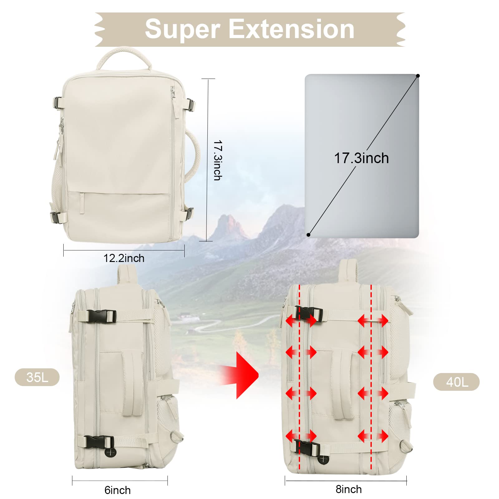 Hanples Extra Large Travel Backpack for Women as Person Item Flight Approved, 40L Carry On Backpack, 17 Inch Laptop Backpack, Waterproof Backpack, Hiking Backpack, School Bag(Beige)