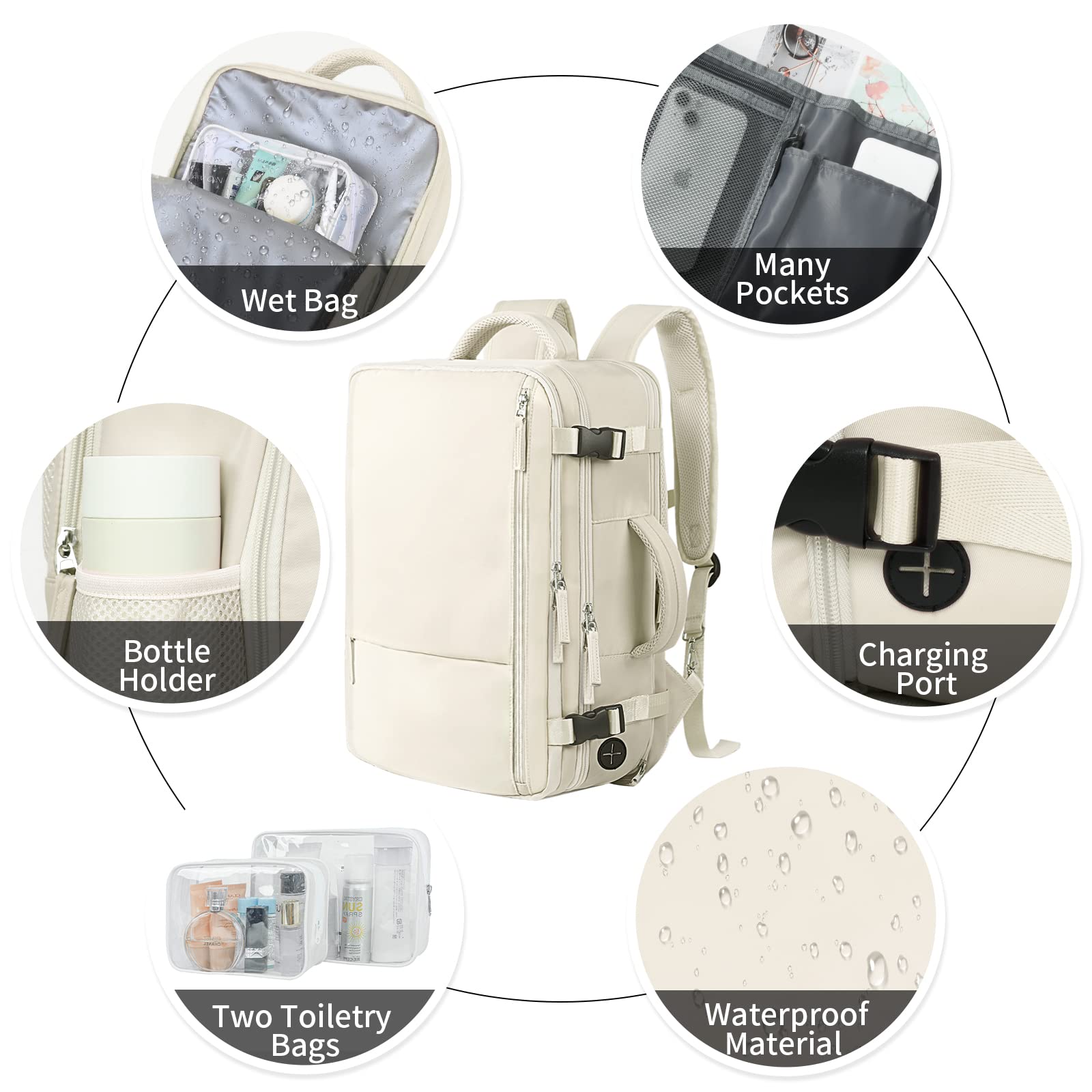 Hanples Extra Large Travel Backpack for Women as Person Item Flight Approved, 40L Carry On Backpack, 17 Inch Laptop Backpack, Waterproof Backpack, Hiking Backpack, School Bag(Beige)