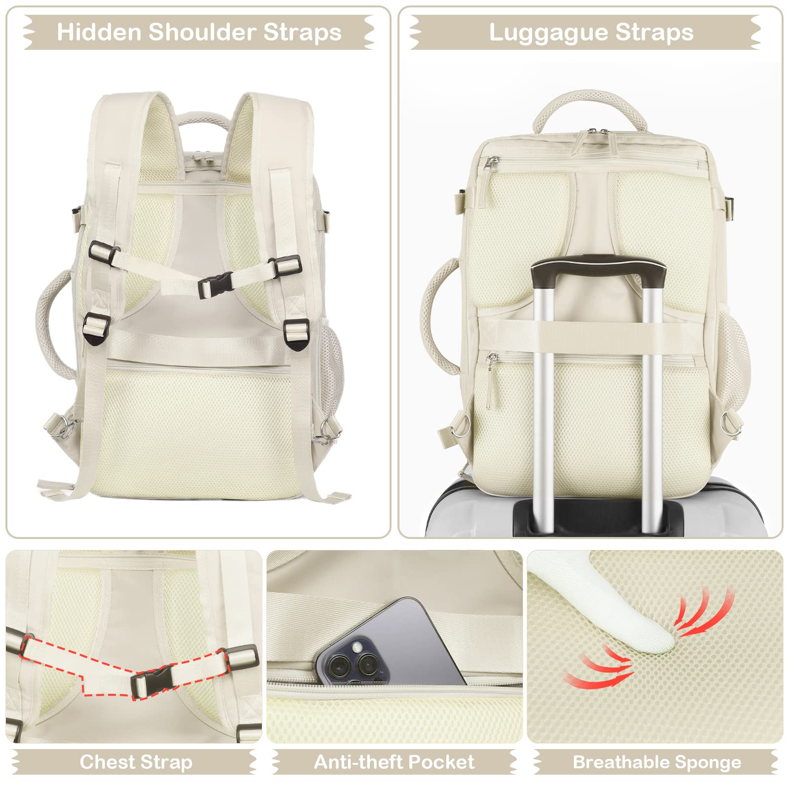 Hanples Extra Large Travel Backpack for Women as Person Item Flight Approved, 40L Carry On Backpack, 17 Inch Laptop Backpack, Waterproof Backpack, Hiking Backpack, School Bag(Beige)