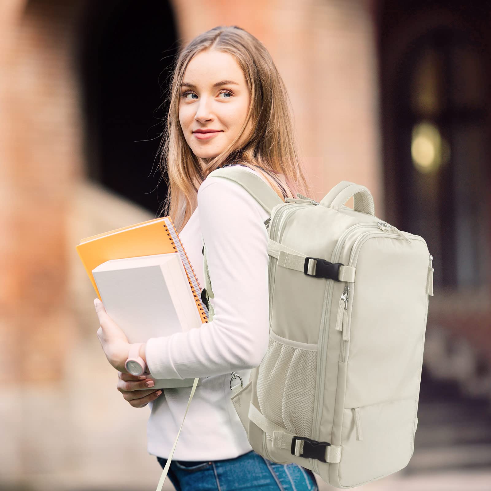Hanples Extra Large Travel Backpack for Women as Person Item Flight Approved, 40L Carry On Backpack, 17 Inch Laptop Backpack, Waterproof Backpack, Hiking Backpack, School Bag(Beige)