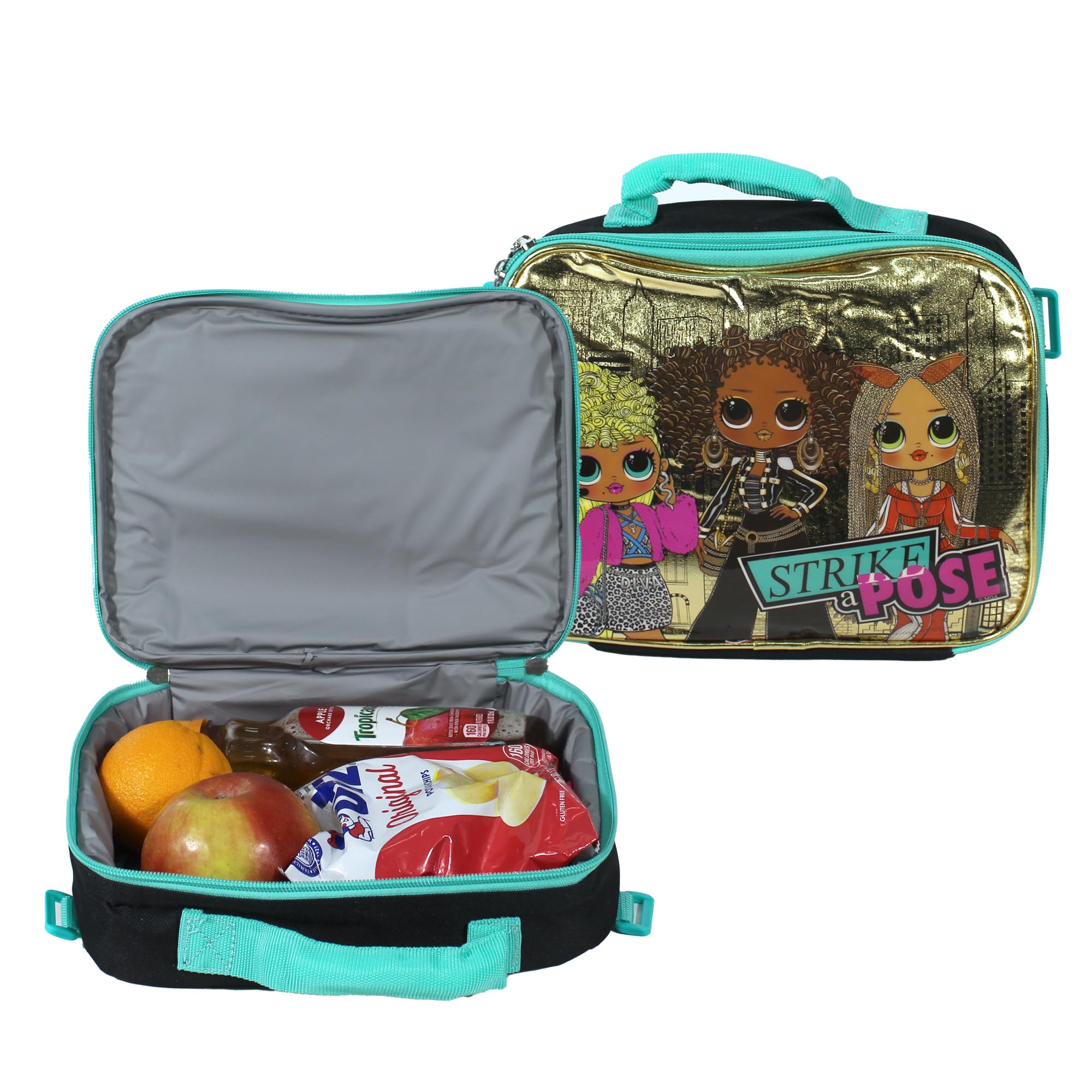 LOL Dolls 5 Piece Backpack Set for Girls, Brush Glitter Sequin School Bag with Front Panel and Mesh Pockets, Insulated Lunch Box, Water Bottle, Pencil Case and Hair Scrunchie, Black and Gold
