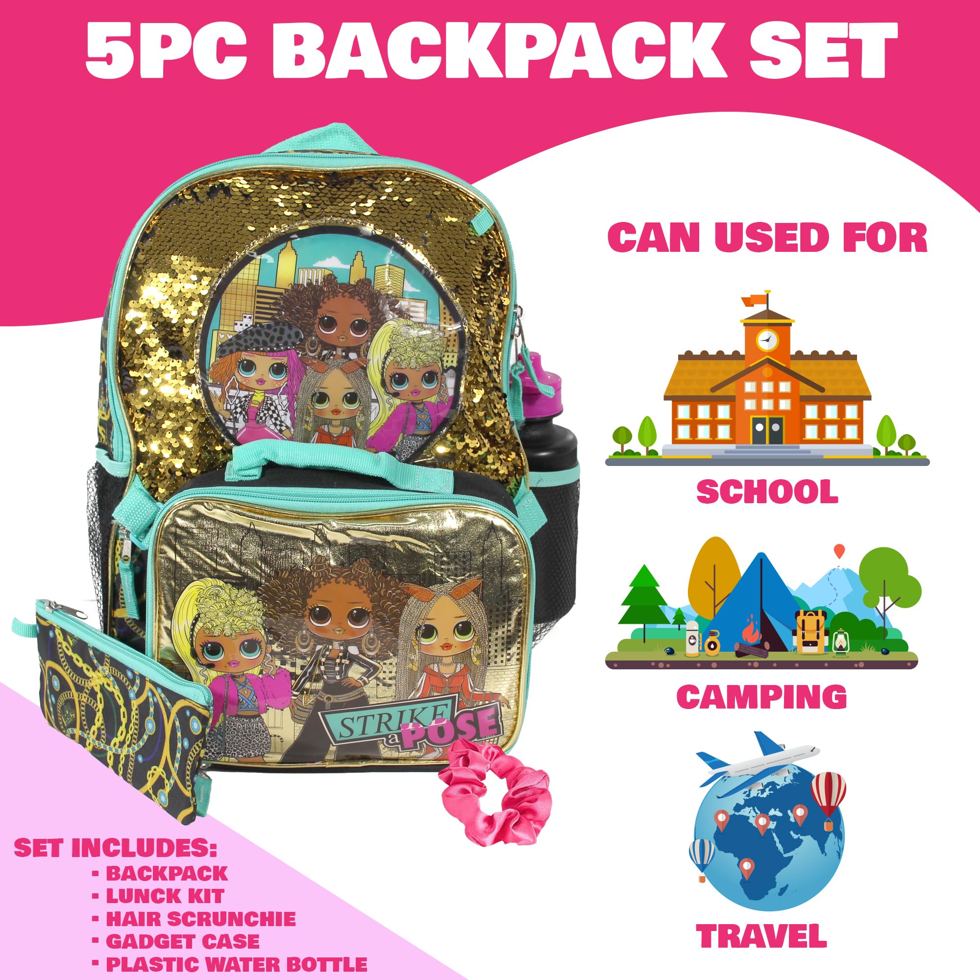 LOL Dolls 5 Piece Backpack Set for Girls, Brush Glitter Sequin School Bag with Front Panel and Mesh Pockets, Insulated Lunch Box, Water Bottle, Pencil Case and Hair Scrunchie, Black and Gold