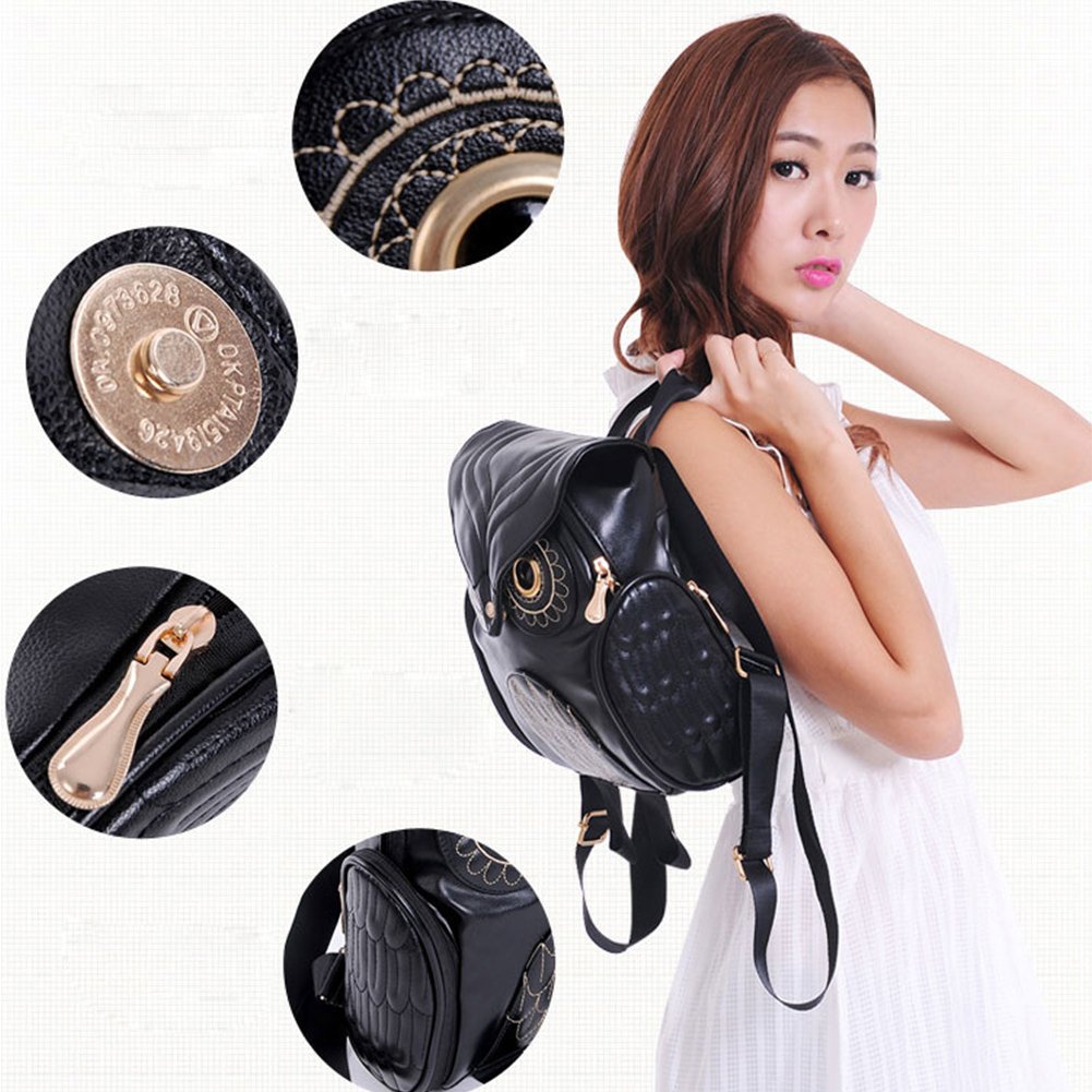 WYSBAOSHU Womens Fashion Owl Backpack Girl's PU Leather Mini Daypacks(Black)