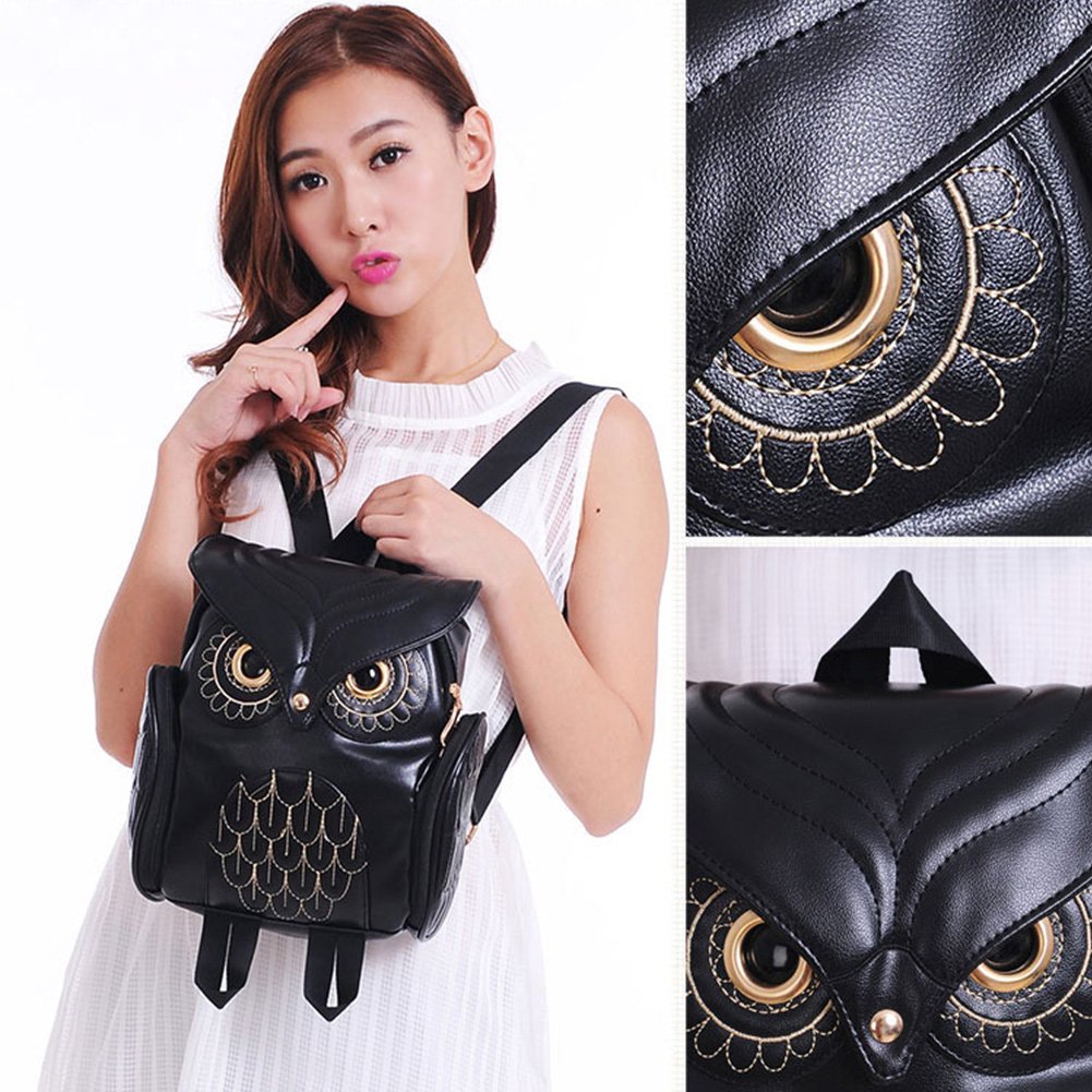 WYSBAOSHU Womens Fashion Owl Backpack Girl's PU Leather Mini Daypacks(Black)