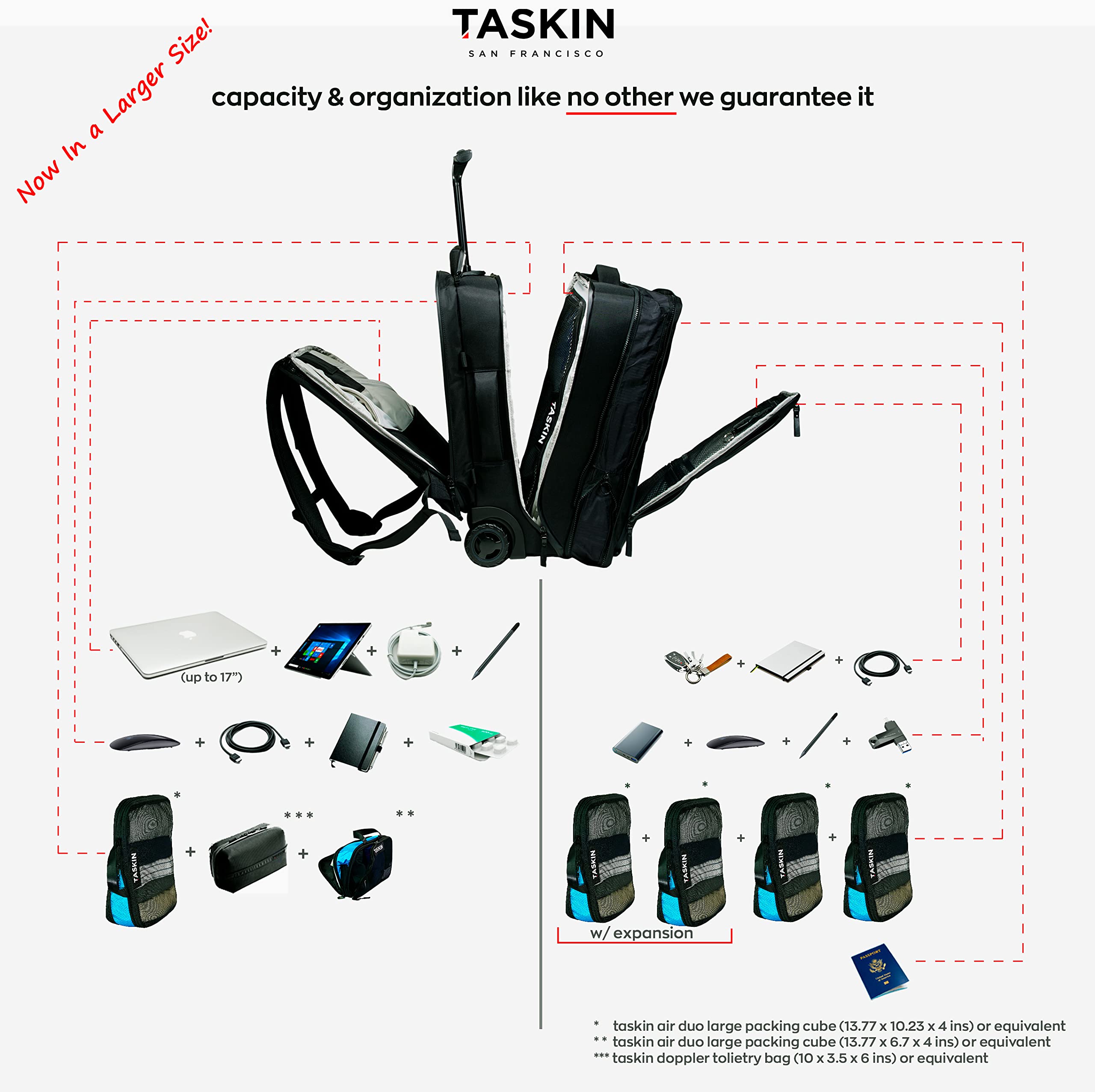 New | Taskin Xplorer (Now Larger) | Wheeled Rolling Travel Backpack w/ Laptop Compartment | Expandable & Convertible | Explorer