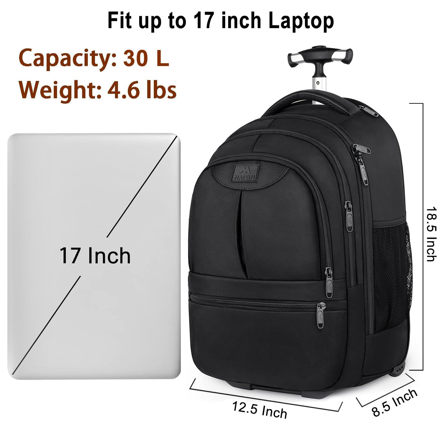 Rolling Backpack,Water Resistant Wheeled Travel Backpack,Laptop Backpack for Women Men,Carry on Luggage Backpack Fit 15.6 inch Notebook,Trolley Suitcase Business Bag College Student Computer Bag,Black
