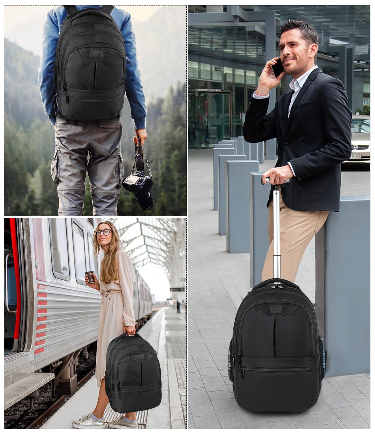 Rolling Backpack,Water Resistant Wheeled Travel Backpack,Laptop Backpack for Women Men,Carry on Luggage Backpack Fit 15.6 inch Notebook,Trolley Suitcase Business Bag College Student Computer Bag,Black