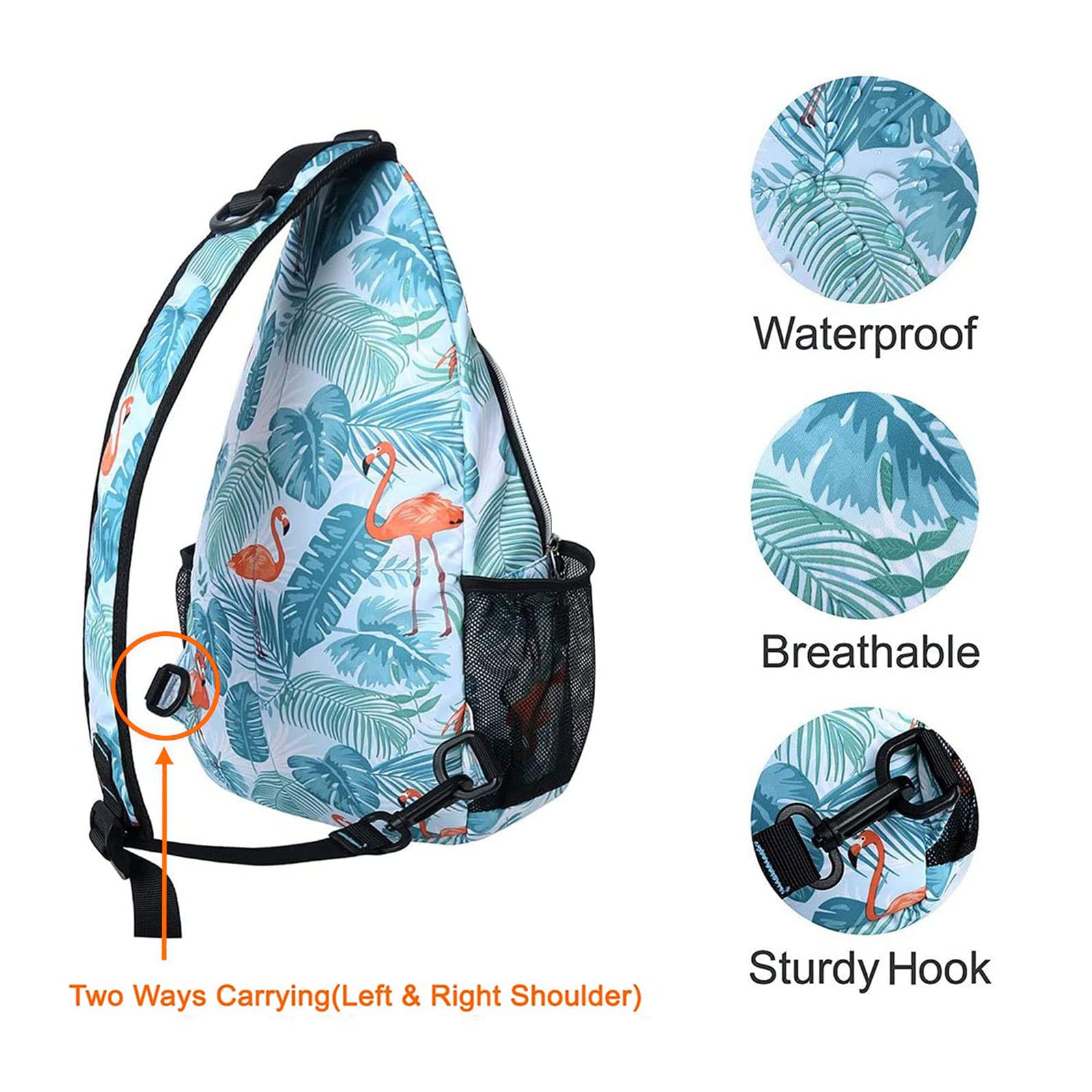 MOSISO Sling Backpack,Travel Hiking Daypack Pattern Rope Crossbody Shoulder Bag, Flamingo