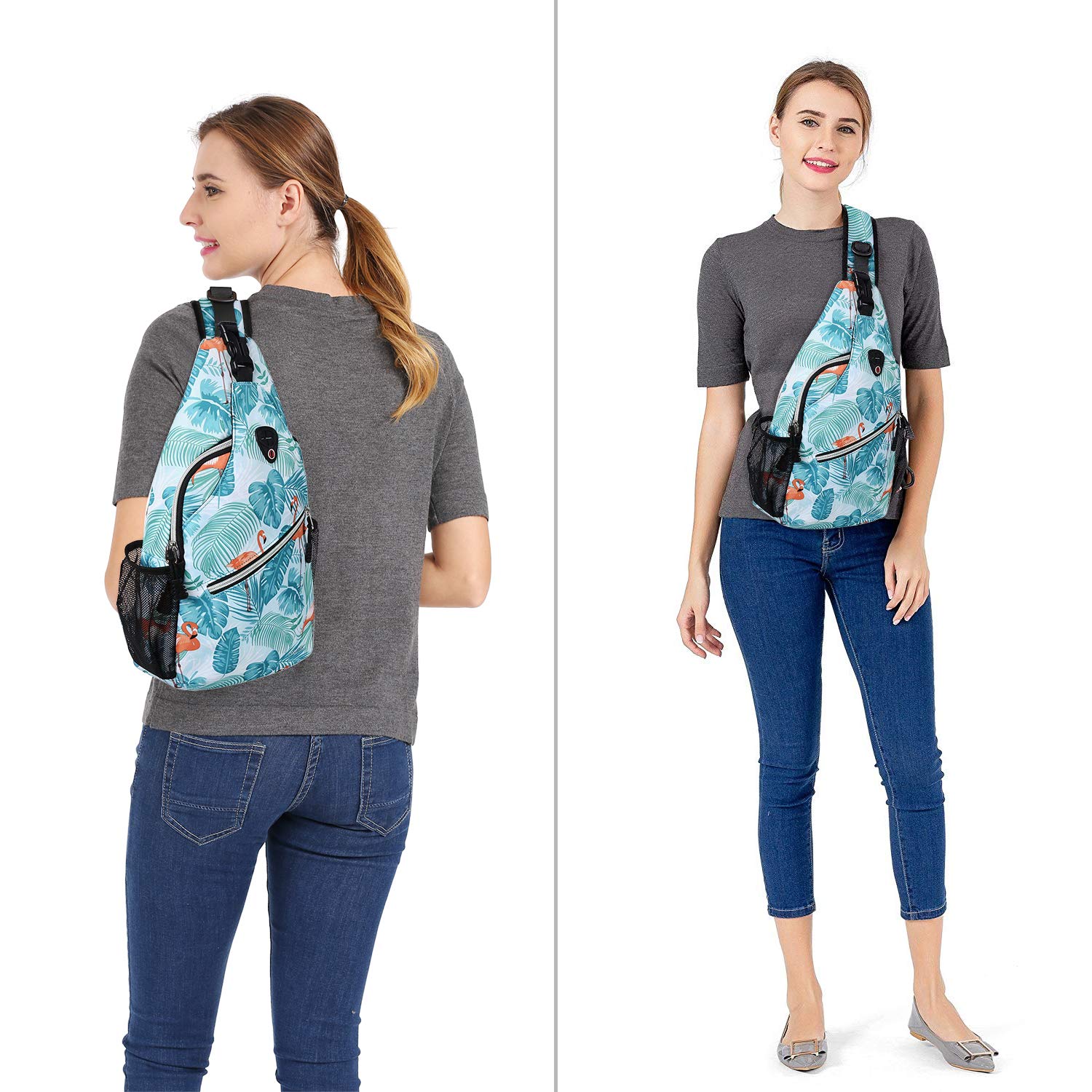 MOSISO Sling Backpack,Travel Hiking Daypack Pattern Rope Crossbody Shoulder Bag, Flamingo