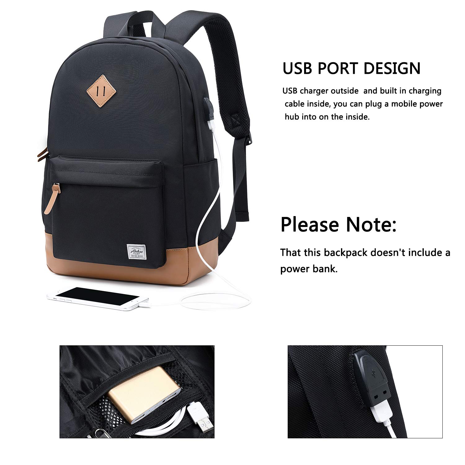 Abshoo Classical Basic Womens Travel Backpack For College Men Water Resistant Laptop School Bookbag (USB Black)