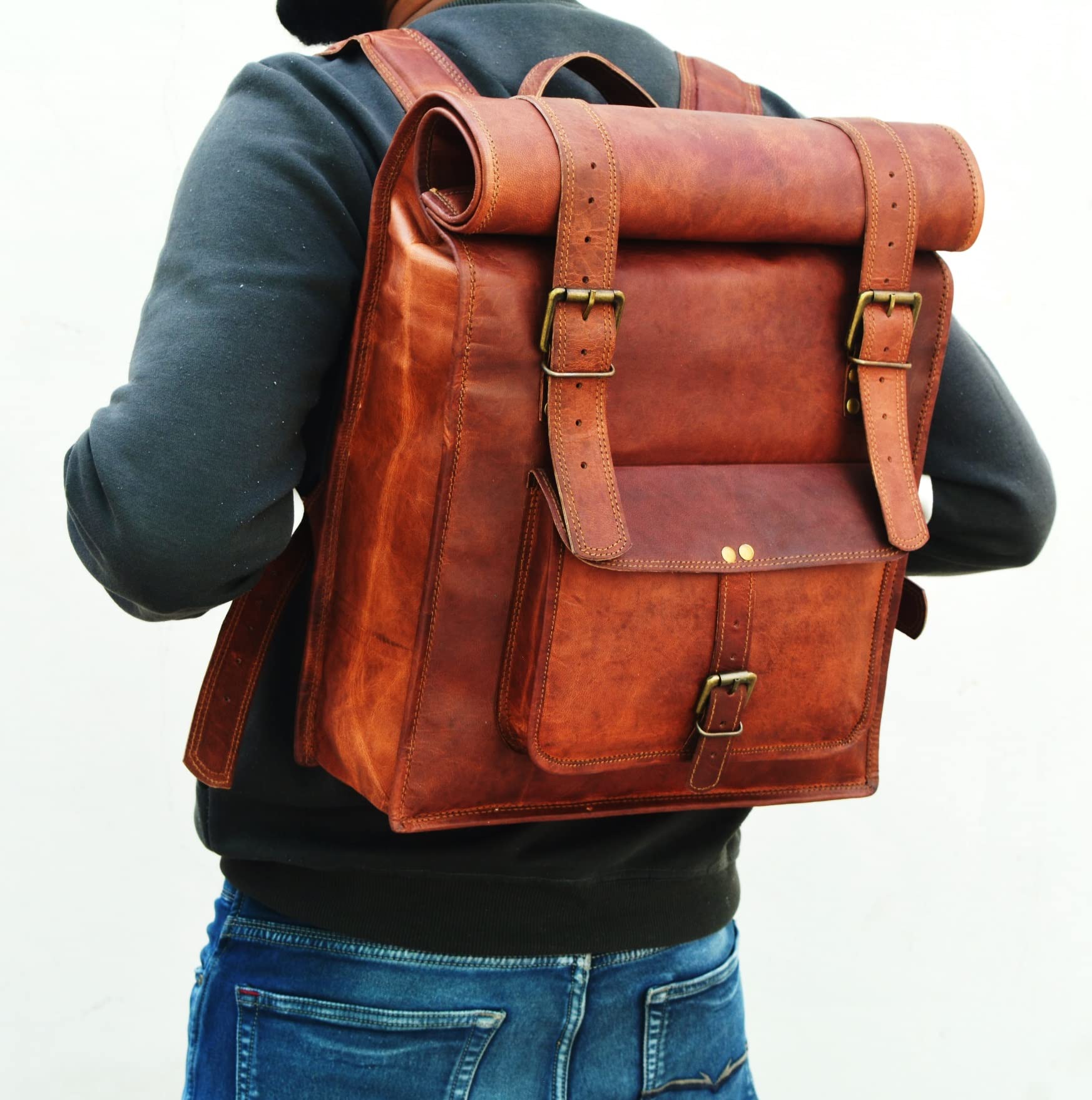 URBAN DEZIRE Men's Leather Vintage Roll On Laptop Backpack Rucksack knapsack college bag