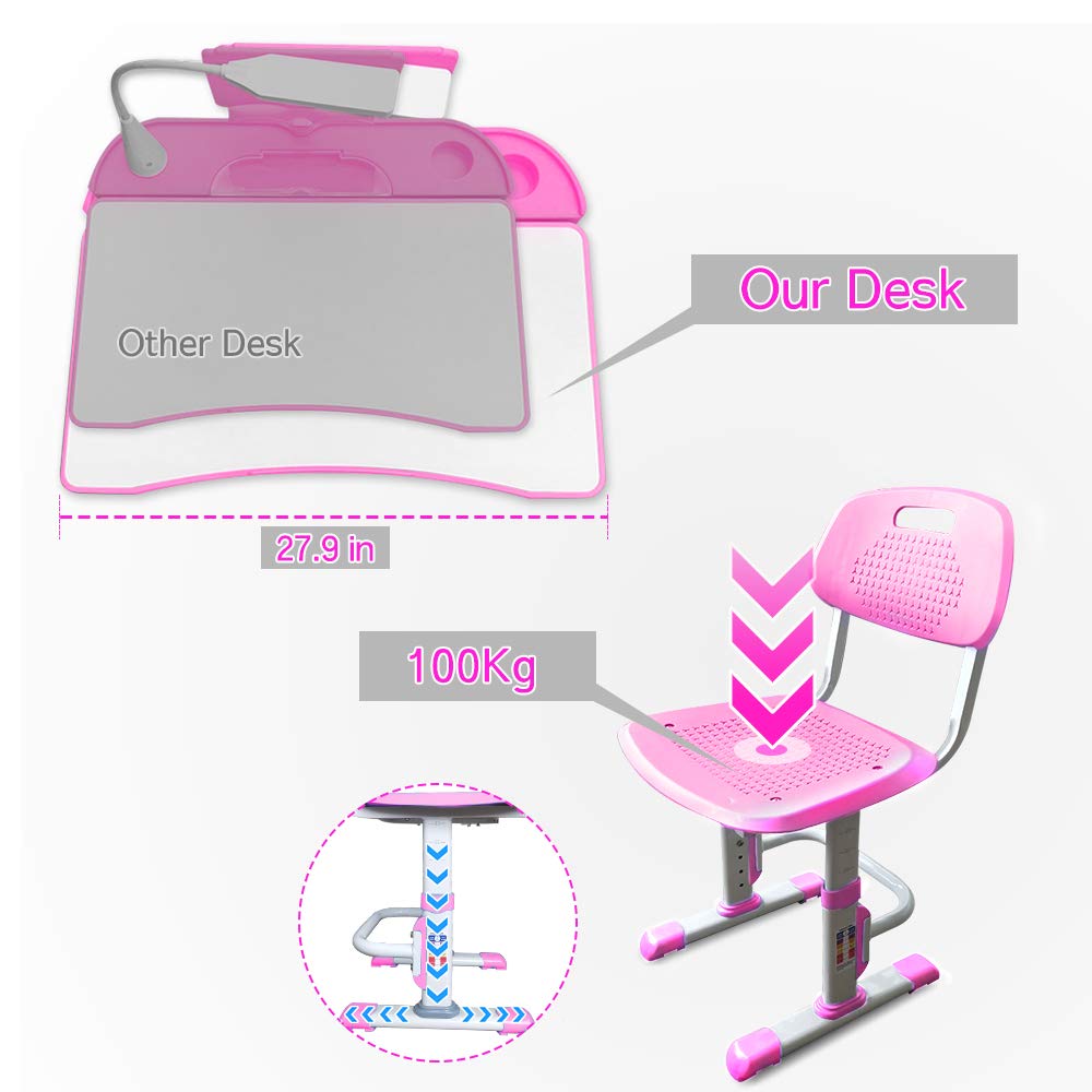 LVYUAN Height Adjustable Children's Desk and Chair Set, Spacious Storage Drawer, with Adjustable Tilted Desktop, Bookstand, Touch Led Lamp for School Students, Kids Interactive Workstation