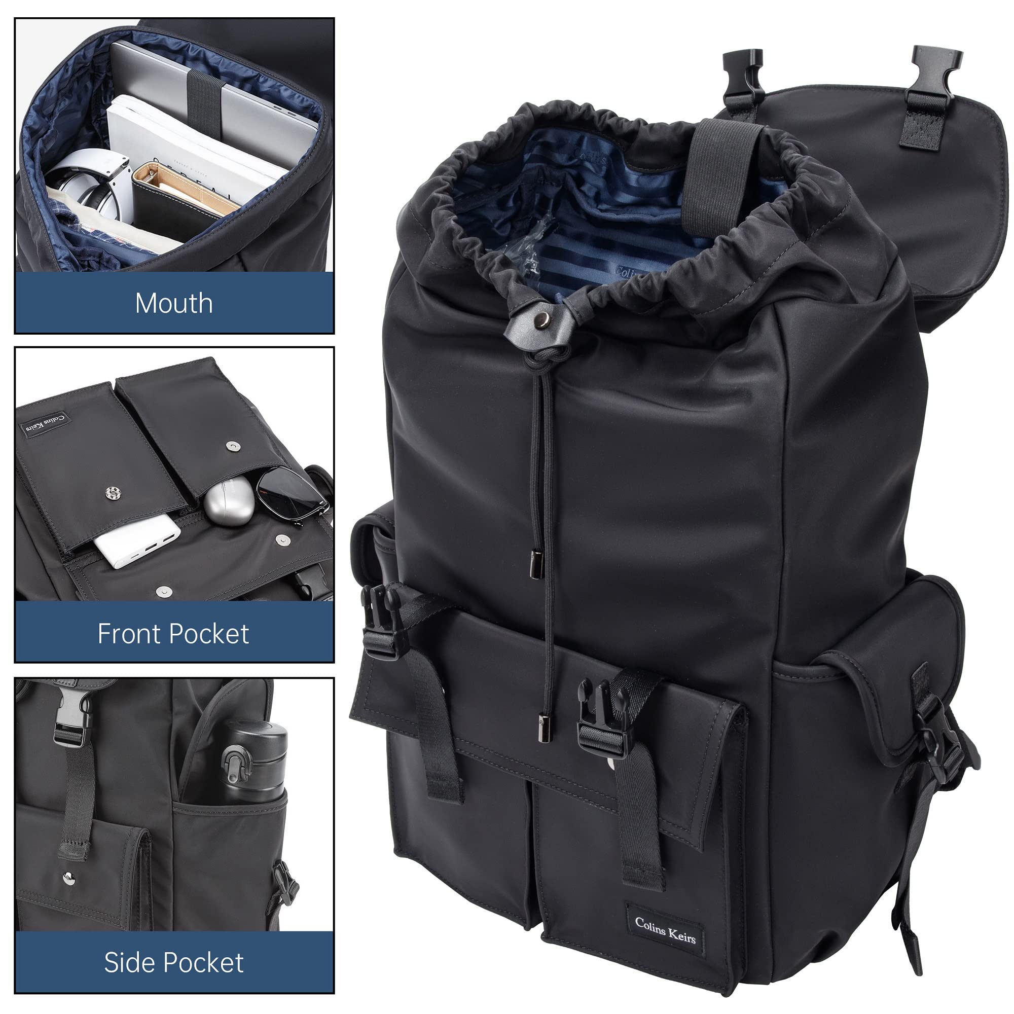Colins Keirs Laptop Backpack 17 Inch. Drawstring Anti-theft Waterproof Tech Backpack with Laptop Compartment, Black 30L