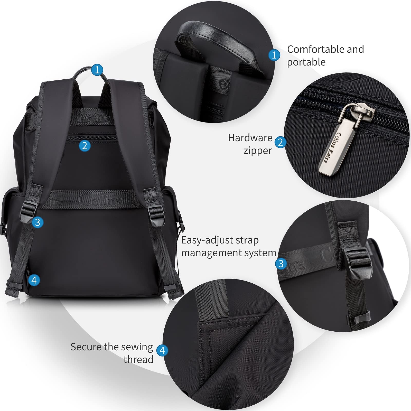 Colins Keirs Laptop Backpack 17 Inch. Drawstring Anti-theft Waterproof Tech Backpack with Laptop Compartment, Black 30L