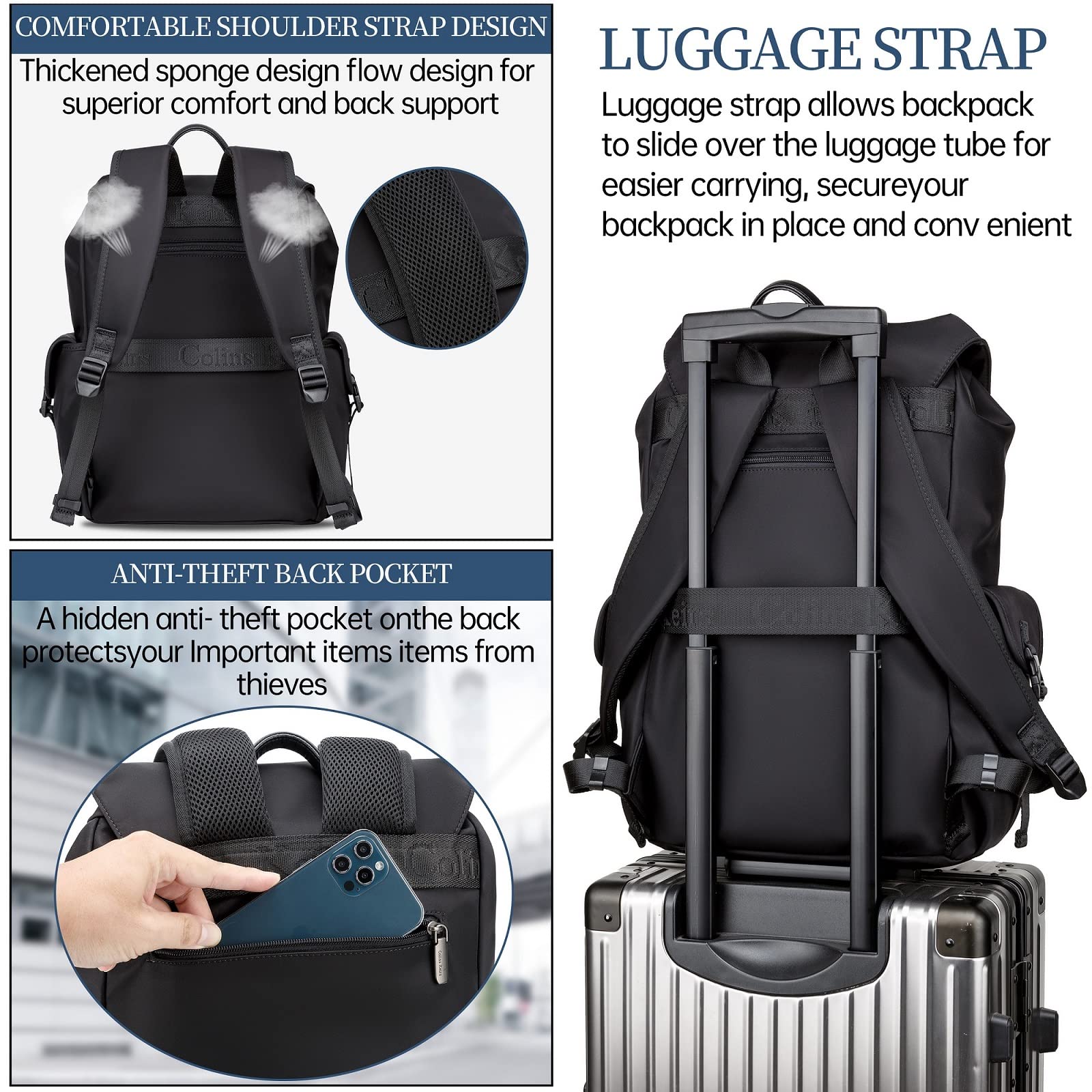 Colins Keirs Laptop Backpack 17 Inch. Drawstring Anti-theft Waterproof Tech Backpack with Laptop Compartment, Black 30L