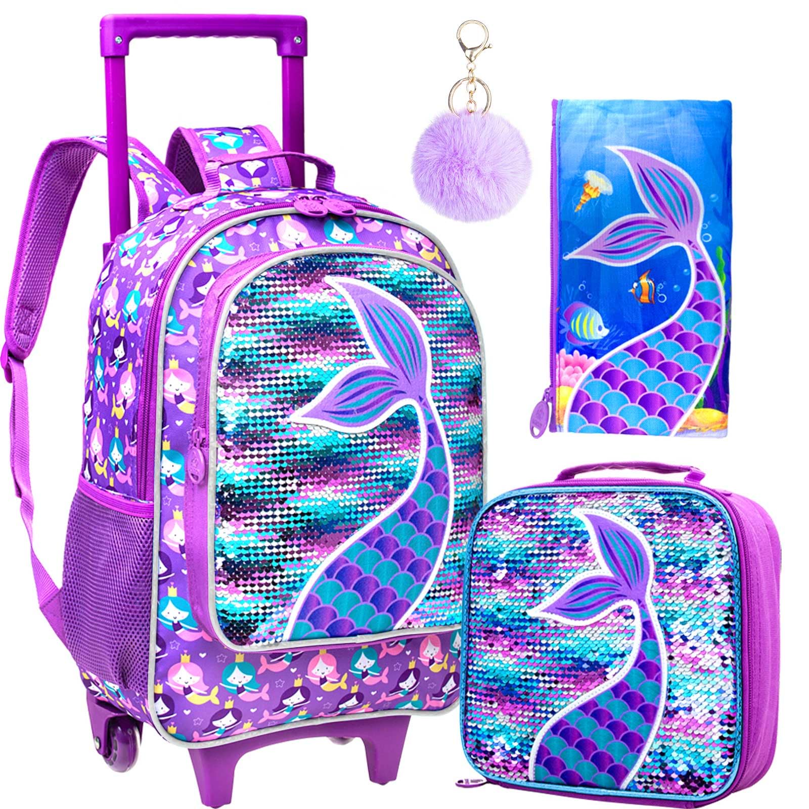 gxtvo Rolling Backpack for Girls, Roller Wheels Kids Bookbag - Wheeled Suitcase Elementary Sequin School Bag - 3PCS Mermaid