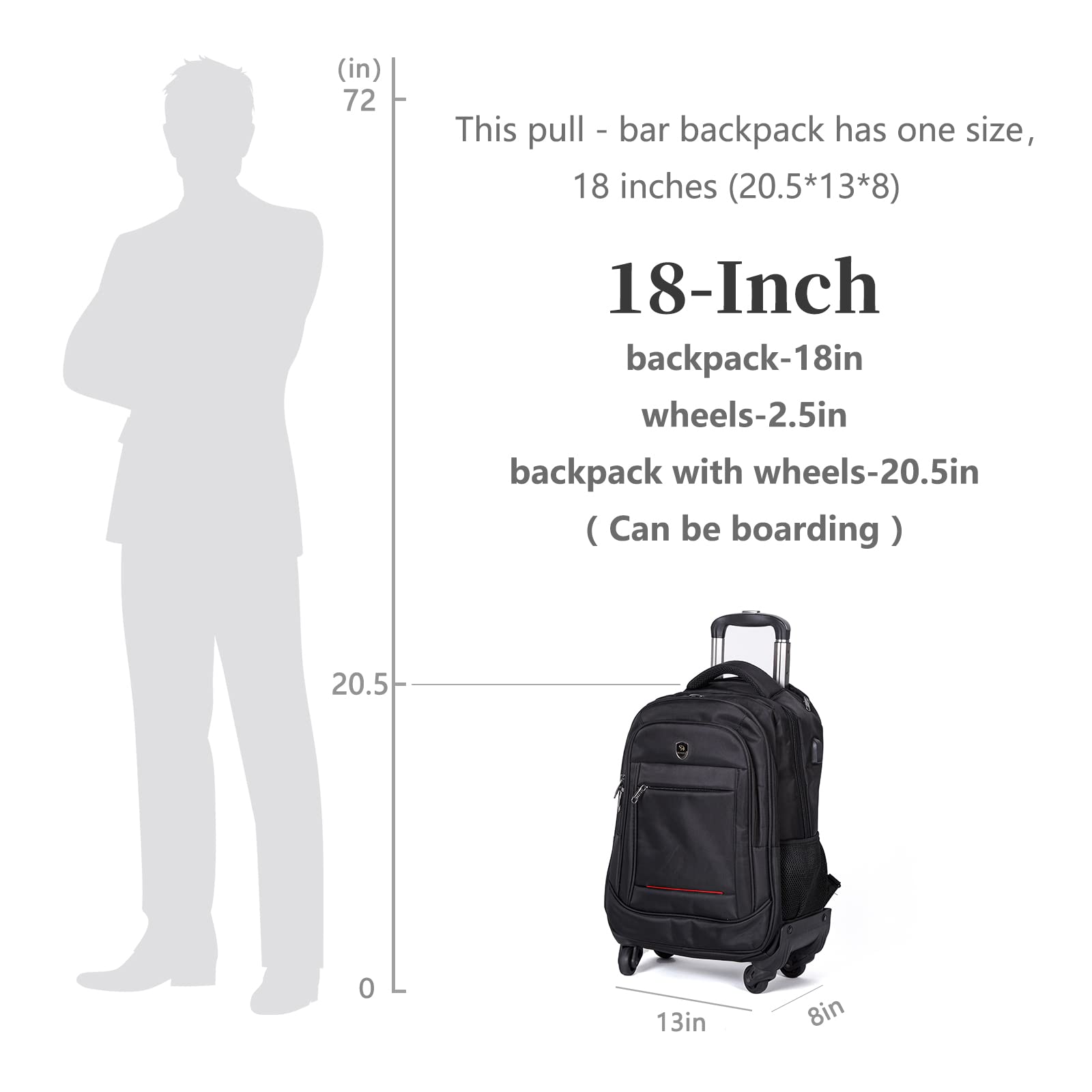 Temilla 360 °rotating Water Resistant Rolling Backpack with 4 Wheels,Travel Business College School，With Usb Charging Port (18-lnch)