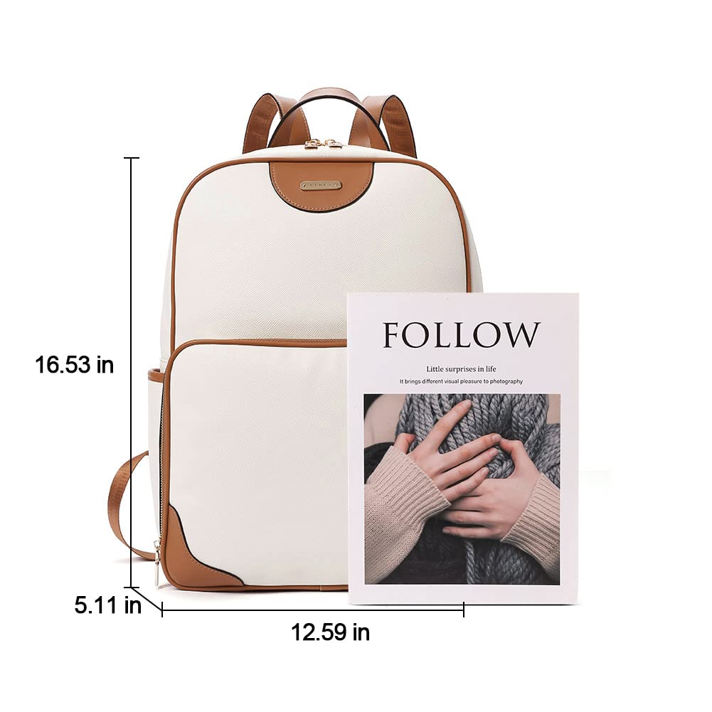 CLUCI Womens Laptop Backpack Leather 15.6 Inch Computer Backpack Large Travel Daypack Business Vintage Off-white with Brown