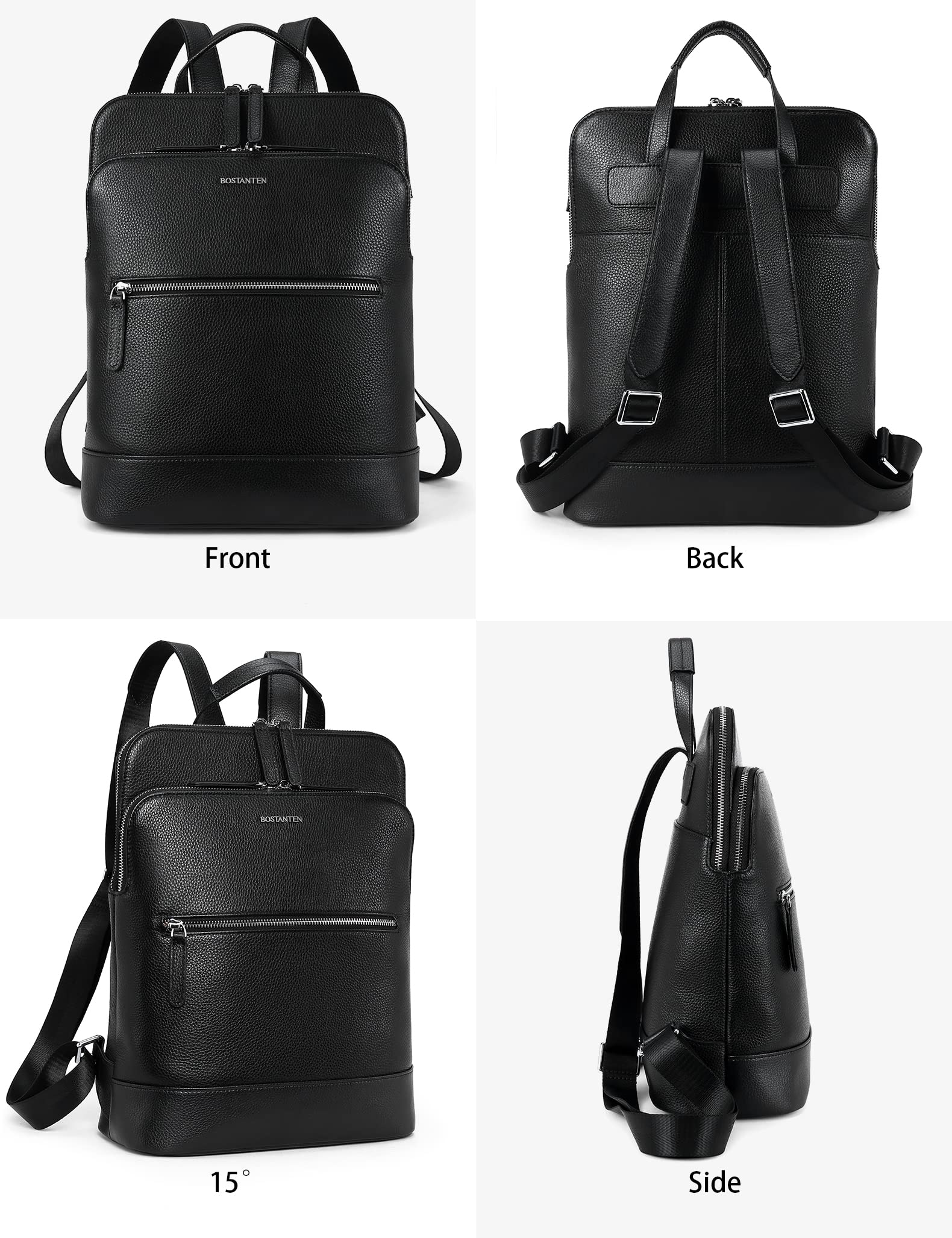 BOSTANTEN Laptop Backpack for Women 15.6 inch Computer Genuine Leather Backpack Purses College Travel Daypack Large Satchel Black