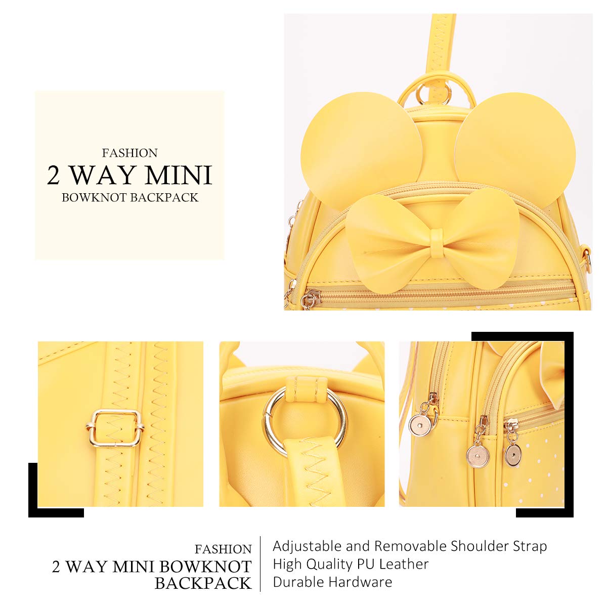 Girls Bowknot Polka Dot Cute Mini Backpack Small Daypacks Convertible Shoulder Bag Purse for Women (Light Yellow)