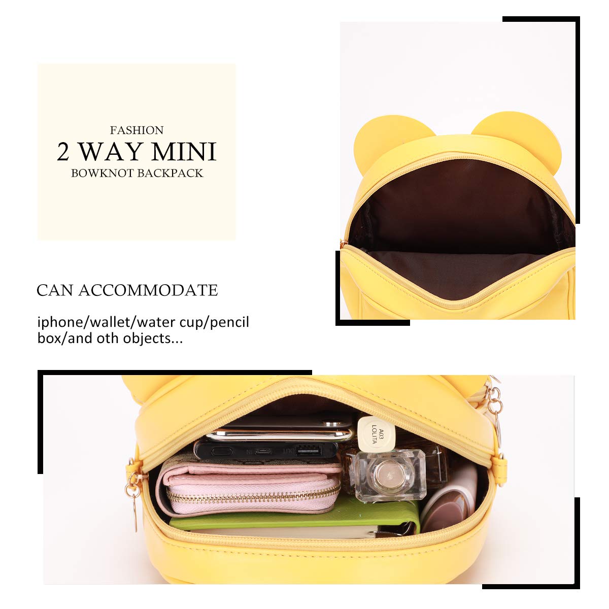 Girls Bowknot Polka Dot Cute Mini Backpack Small Daypacks Convertible Shoulder Bag Purse for Women (Light Yellow)