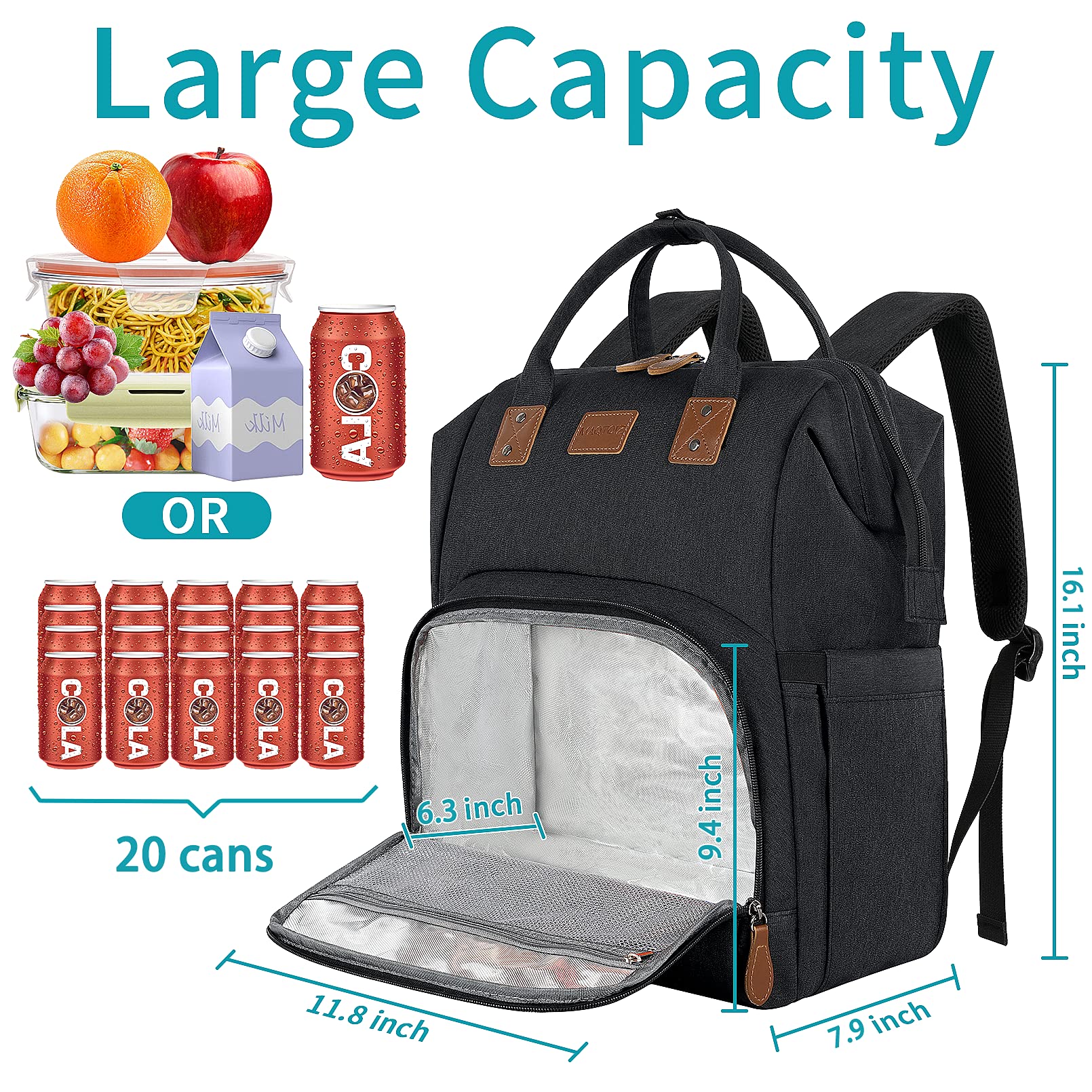 Gifts for Him Her, Extra Large Lunch Backpack, 17 Inch Travel Laptop Backpack for Women Men, USB Port College School Student Bookbag, Insulated Cooler Backpack Lunch Box Nurse Work Backpacks, Black