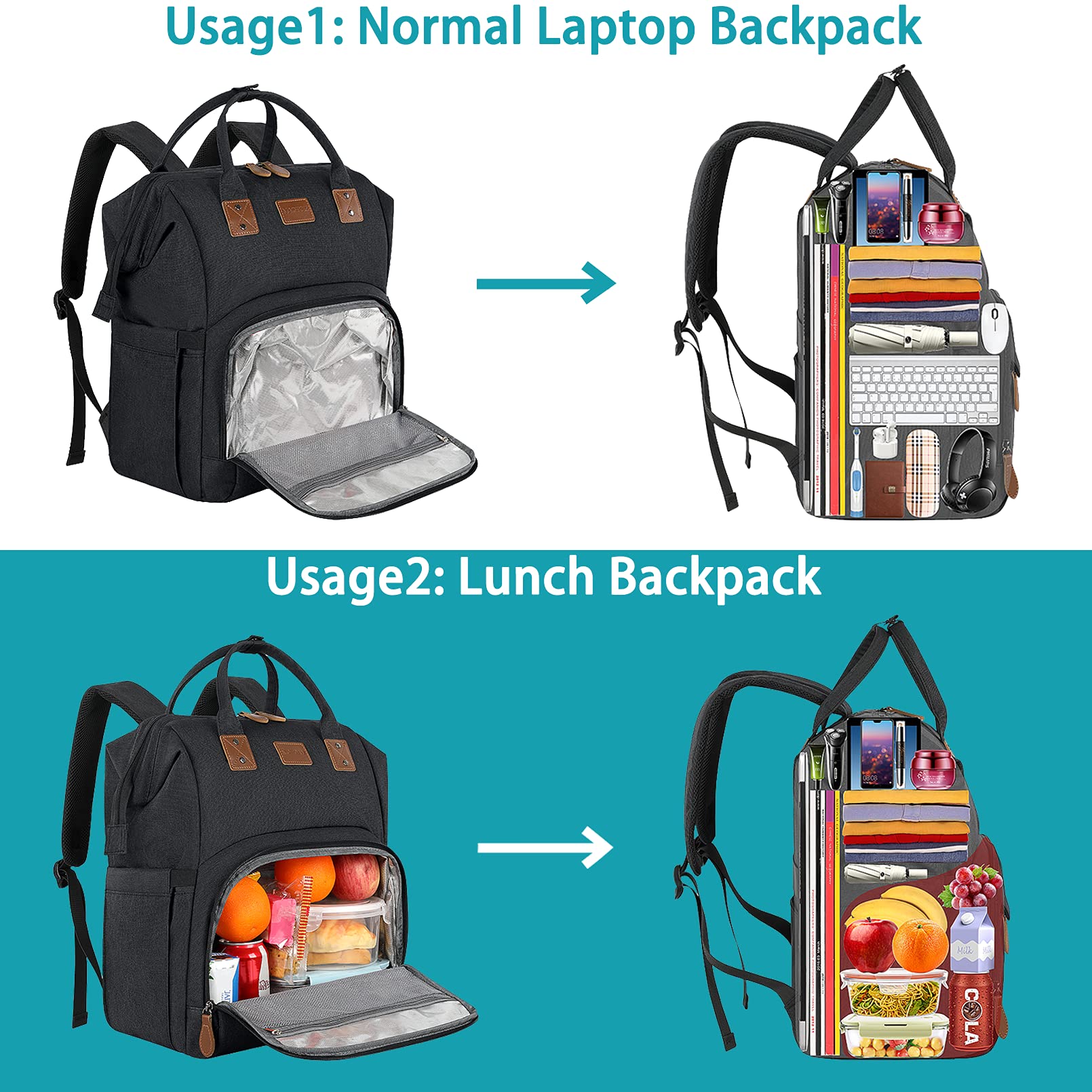 Gifts for Him Her, Extra Large Lunch Backpack, 17 Inch Travel Laptop Backpack for Women Men, USB Port College School Student Bookbag, Insulated Cooler Backpack Lunch Box Nurse Work Backpacks, Black