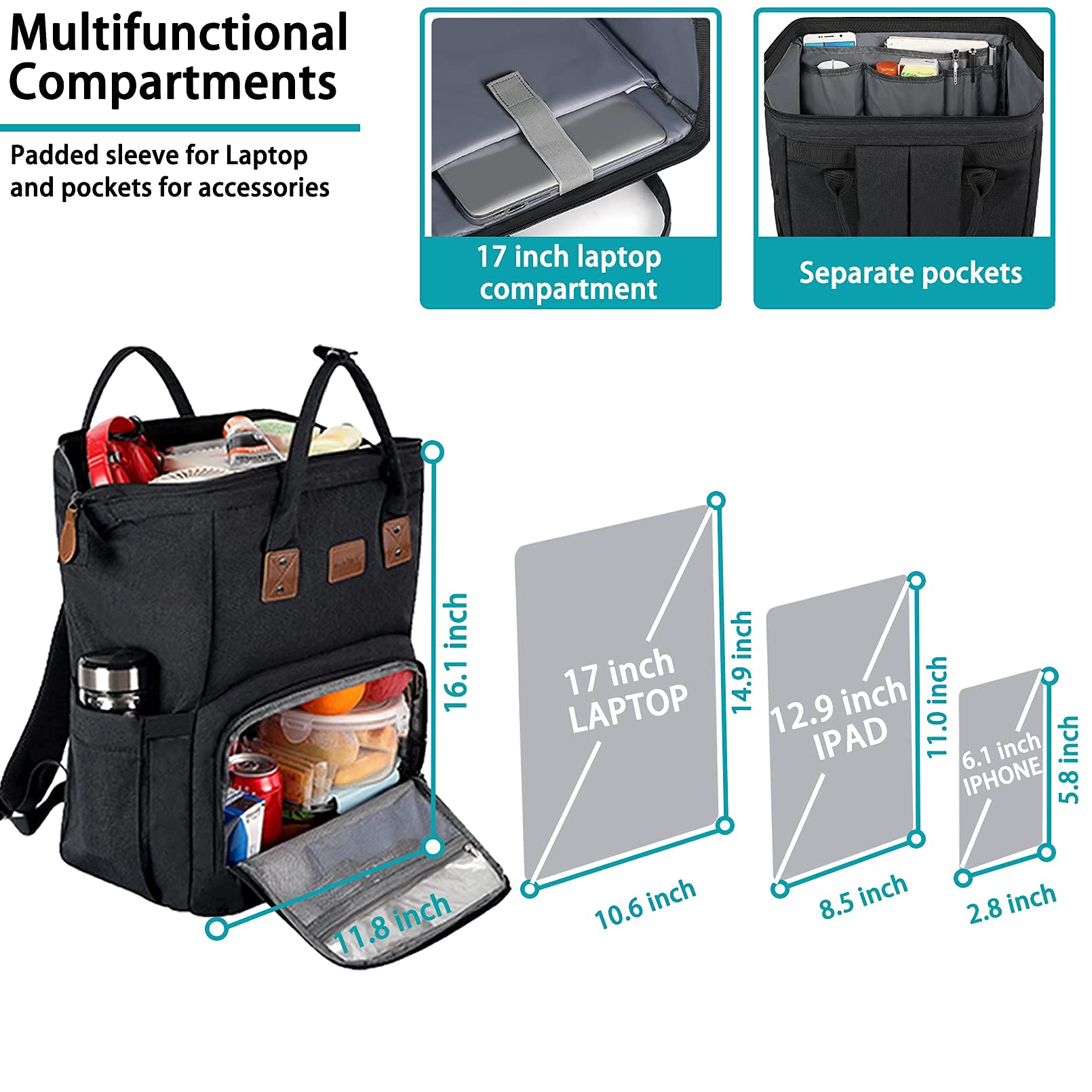 Gifts for Him Her, Extra Large Lunch Backpack, 17 Inch Travel Laptop Backpack for Women Men, USB Port College School Student Bookbag, Insulated Cooler Backpack Lunch Box Nurse Work Backpacks, Black