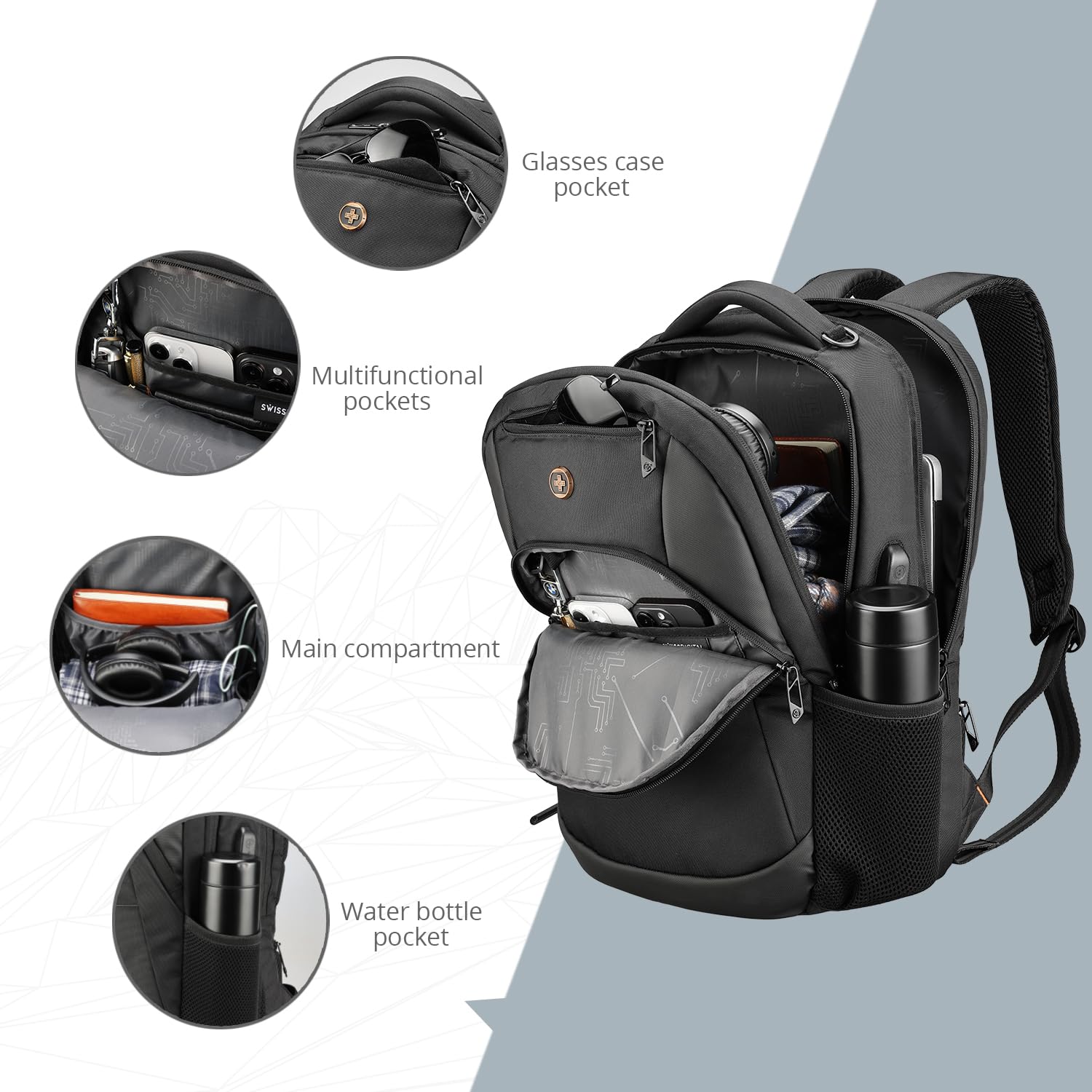 Swissdigital Pixel Travel Laptop Backpack-Laptops Backpack with USB Charging Port Smart Bag with RFID for Men & Women School Computer Bags Fits 15.6" Laptop and Notebook, Black SD-857