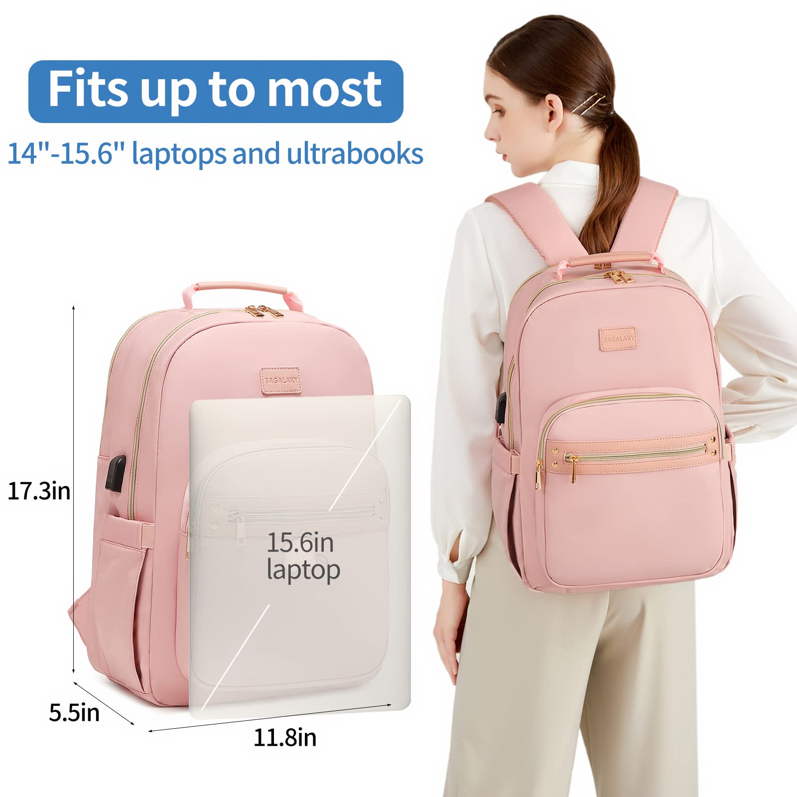 Bagalaxy Pink Women School Laptop Backpack: 15.6 Inch Nurse Work Bag Travel Bookbag Teacher College Purse Backpacks Computer Business Back Pack with USB Charging Port Student Womens Gift