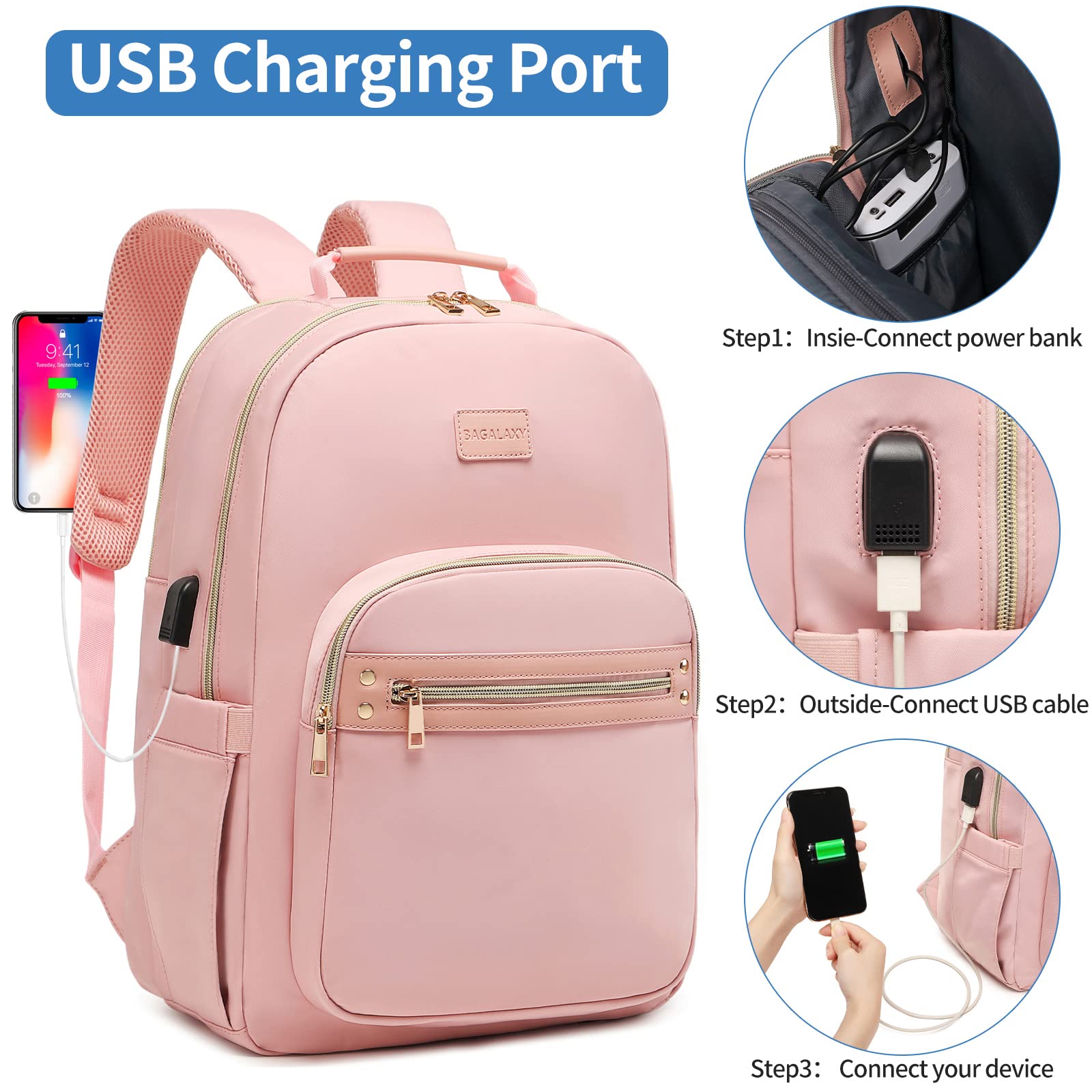 Bagalaxy Pink Women School Laptop Backpack: 15.6 Inch Nurse Work Bag Travel Bookbag Teacher College Purse Backpacks Computer Business Back Pack with USB Charging Port Student Womens Gift