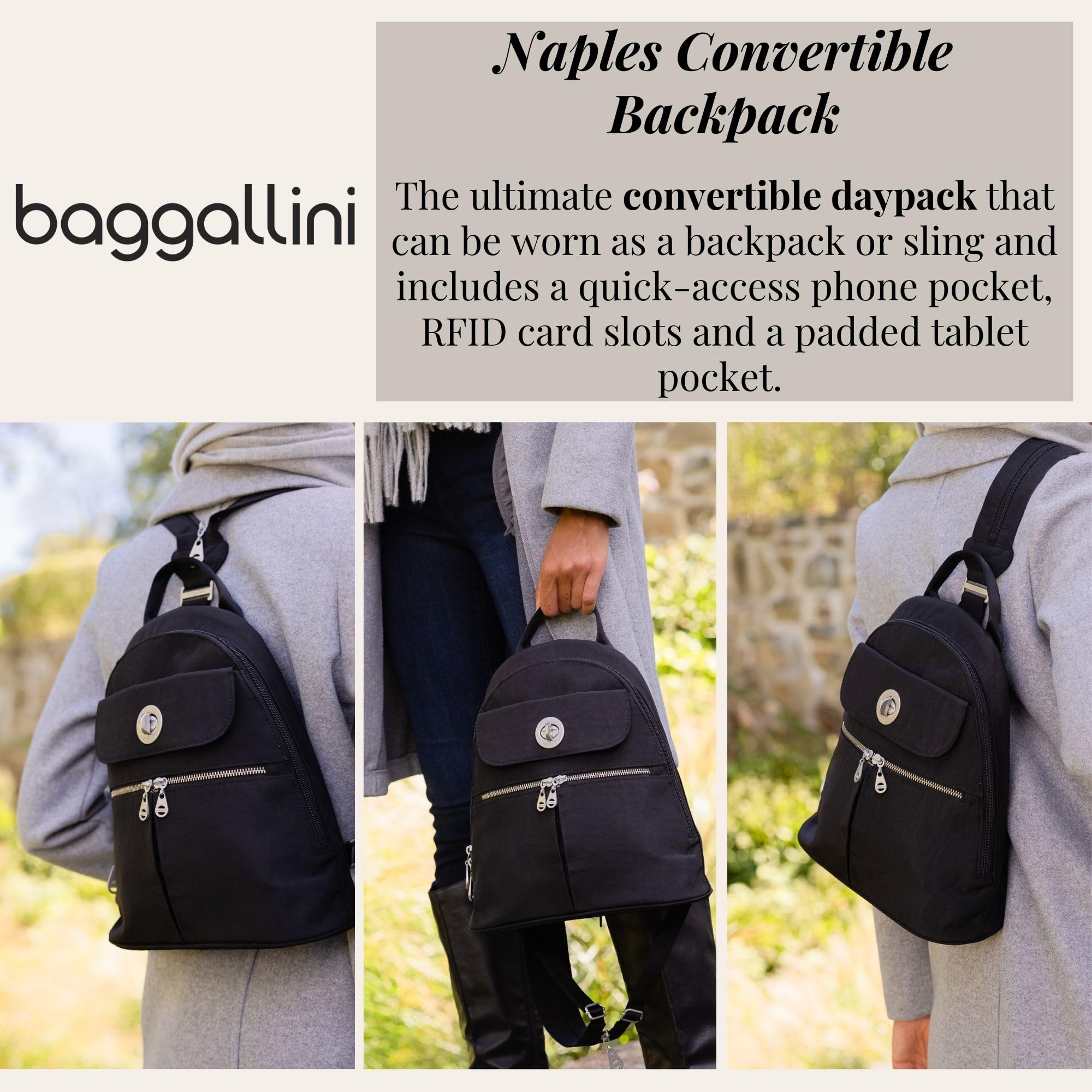 Baggallini womens Naples Convertible Backpack, Black, One Size US